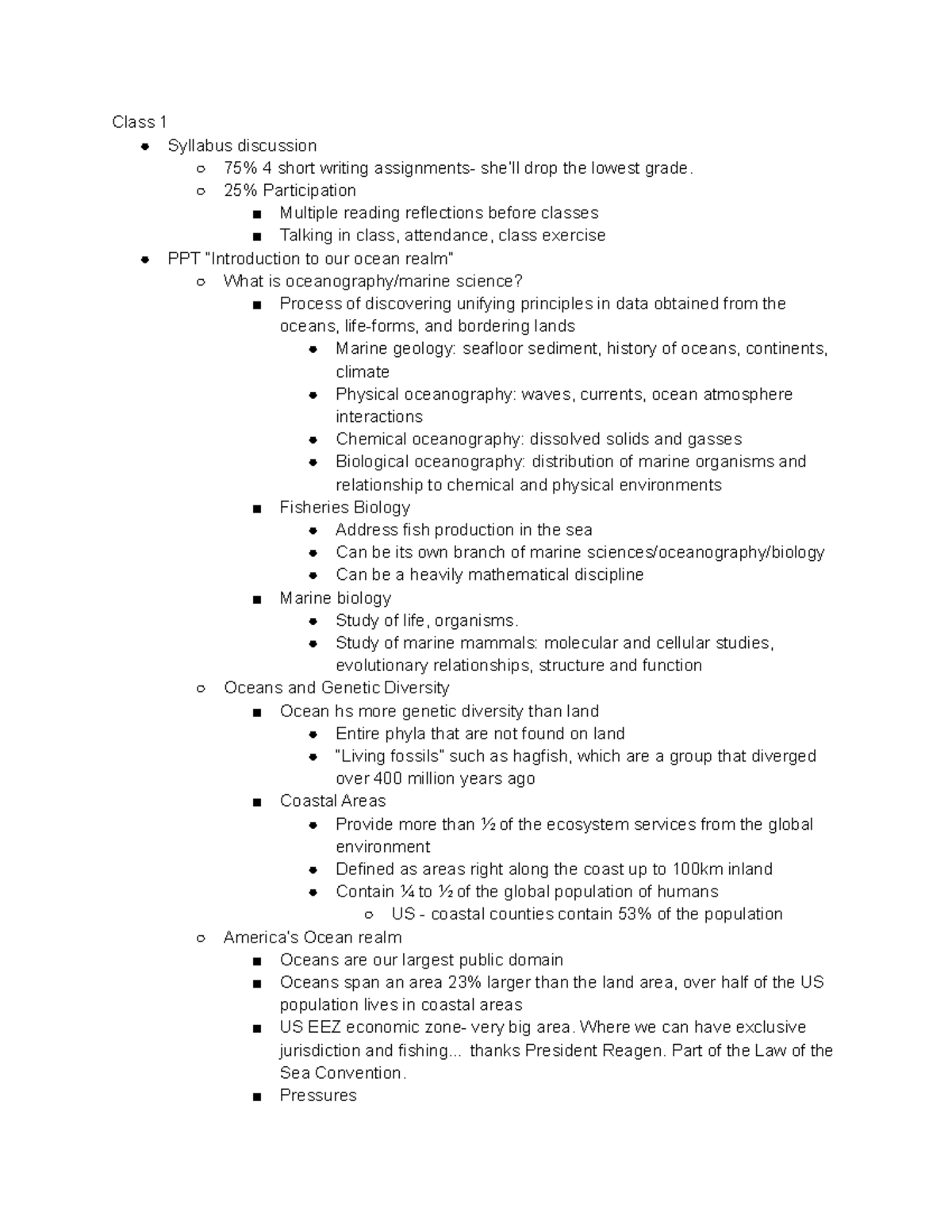 USF Class Notes Marine Resources - Class 1 Syllabus discussion 75% 4 ...