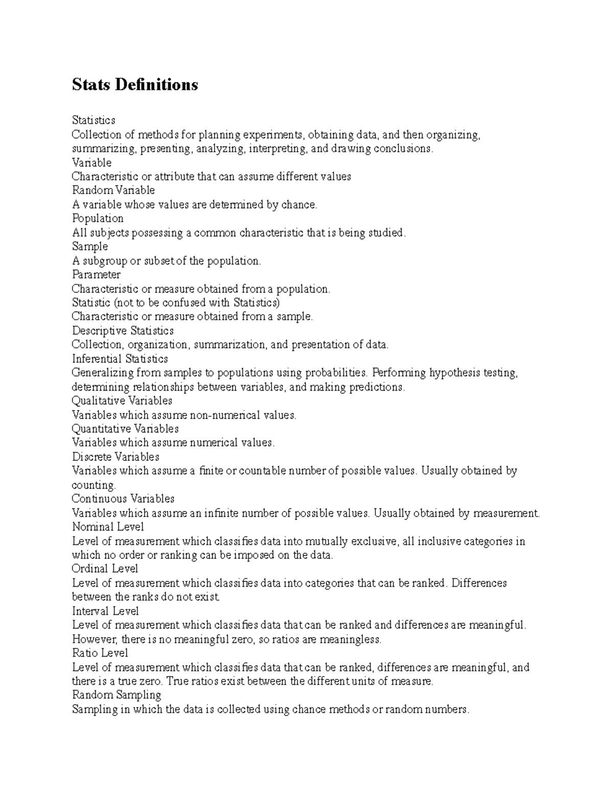 Stats notes 1 - Stats Definitions Statistics Collection of methods for ...