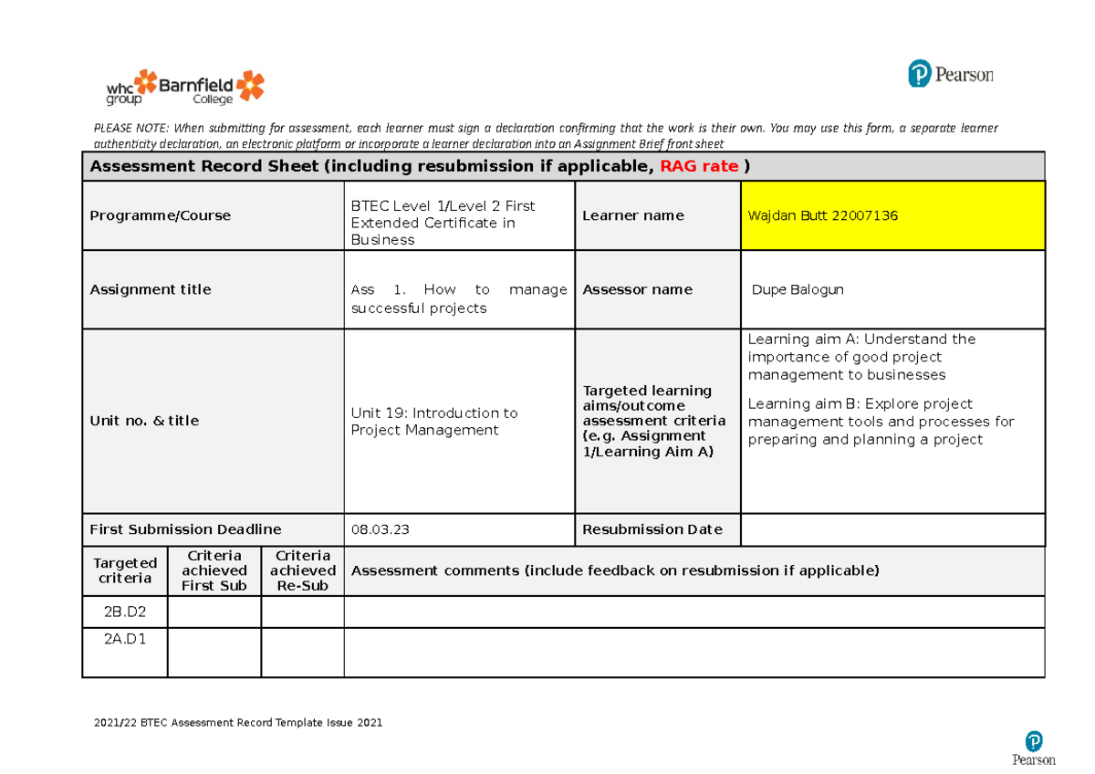 BTEC Assessment Record U19 - Group A - Studocu