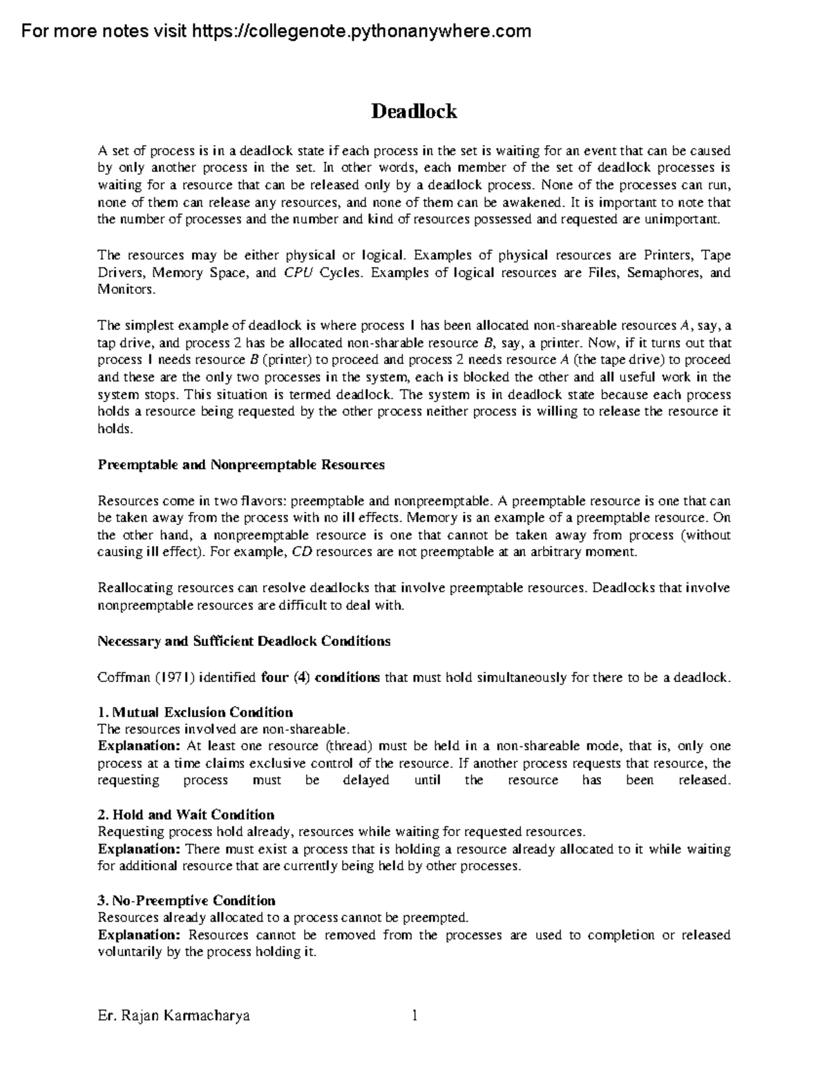 Unit-6-Deadlock - Deadlock A set of process is in a deadlock state if ...