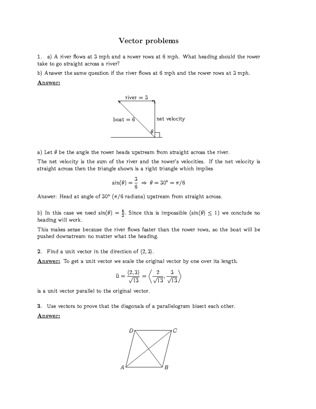 Problem in Linear Algebra - Vector problems a) A river flows at 3 mph ...