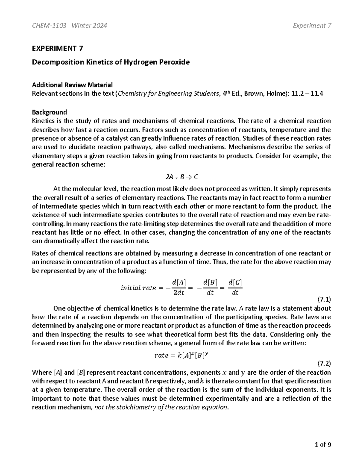 Exp. 7 Decomposition Kinetics of Hydrogen Peroxide 1 - EXPERIMENT 7 Decomposition Kinetics of ...