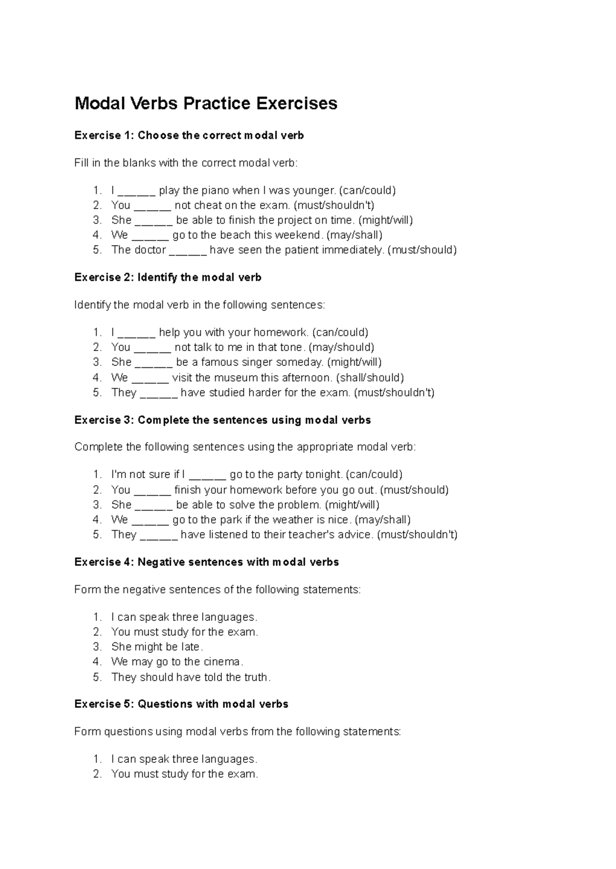 English 6 - Ejercico de Can y May - Modal Verbs Practice Exercises ...