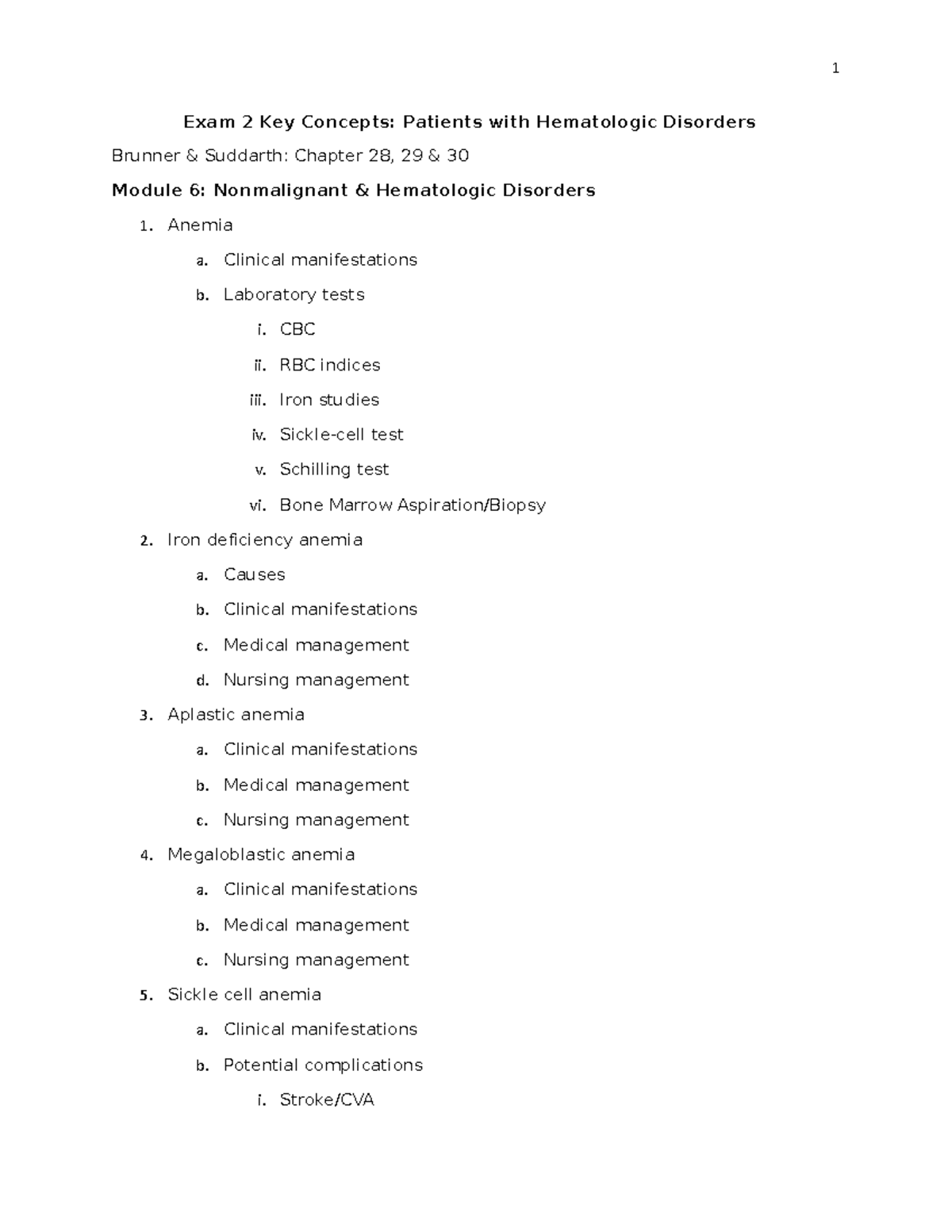 Week 6 Hematology Key Concepts - Exam 2 Key Concepts: Patients with ...