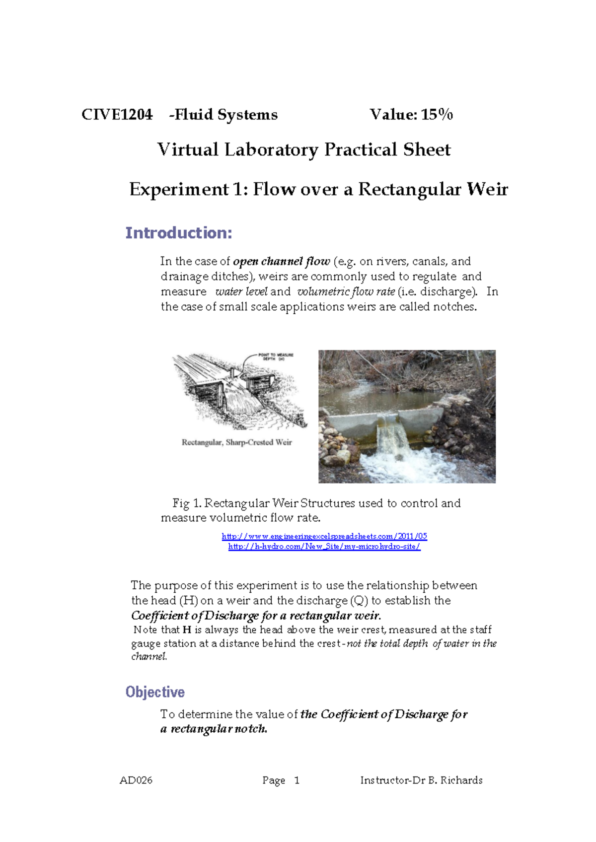 Virtual Experiment 1-Flow over Weir - AD026 Page 1 Instructor-Dr B ...