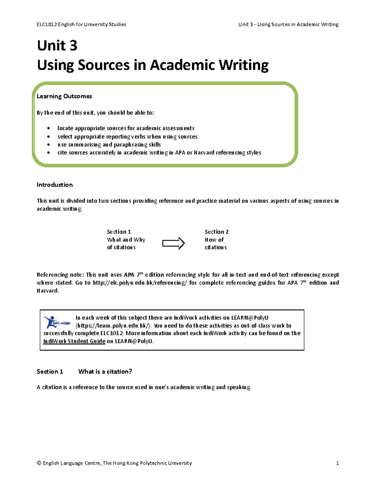 ELC1012 Unit 3 Using Sources in Academic Writing - ELC1012 English for ...