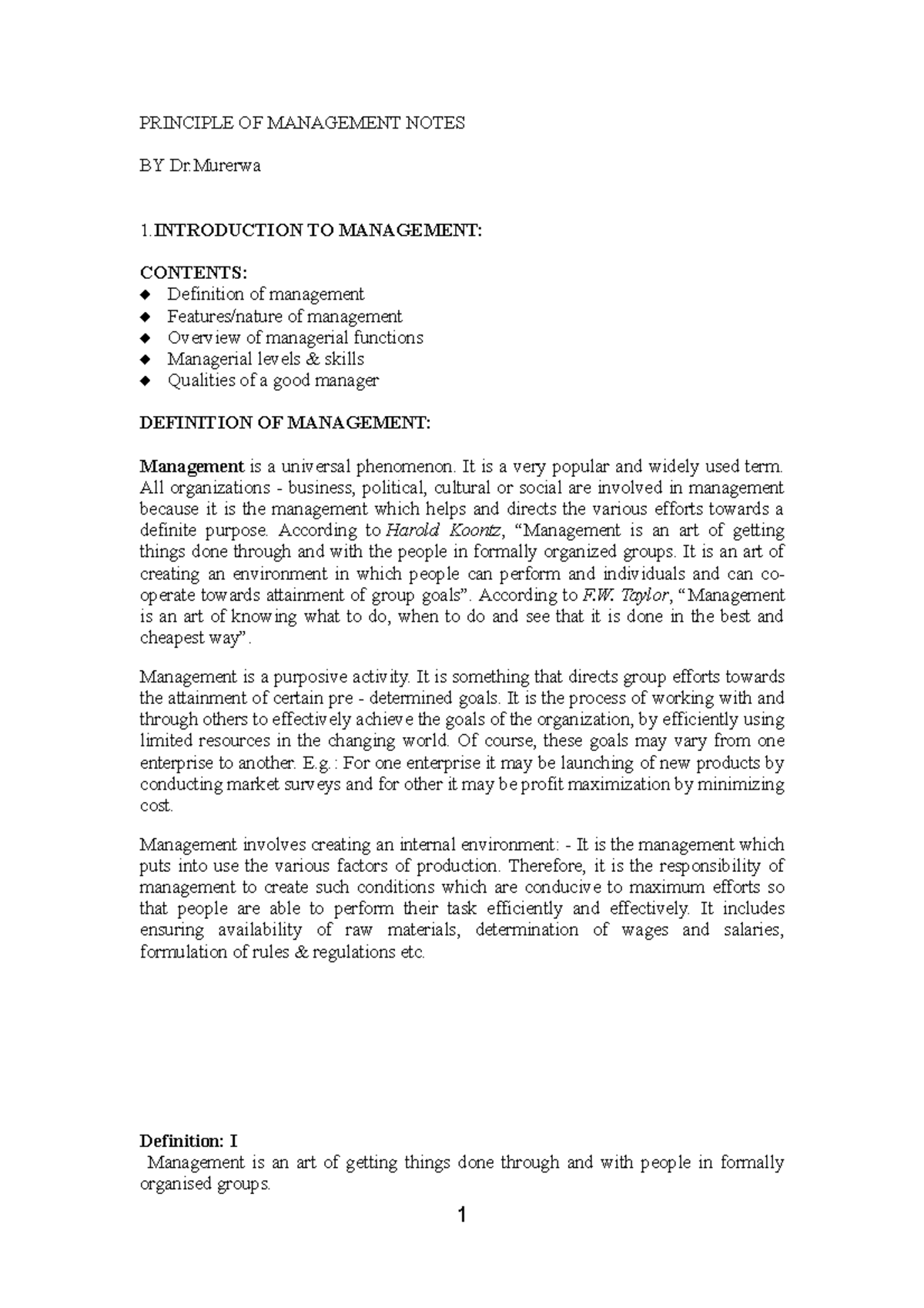 Management Notes - PRINCIPLE OF MANAGEMENT NOTES BY Dr 1 TO MANAGEMENT ...
