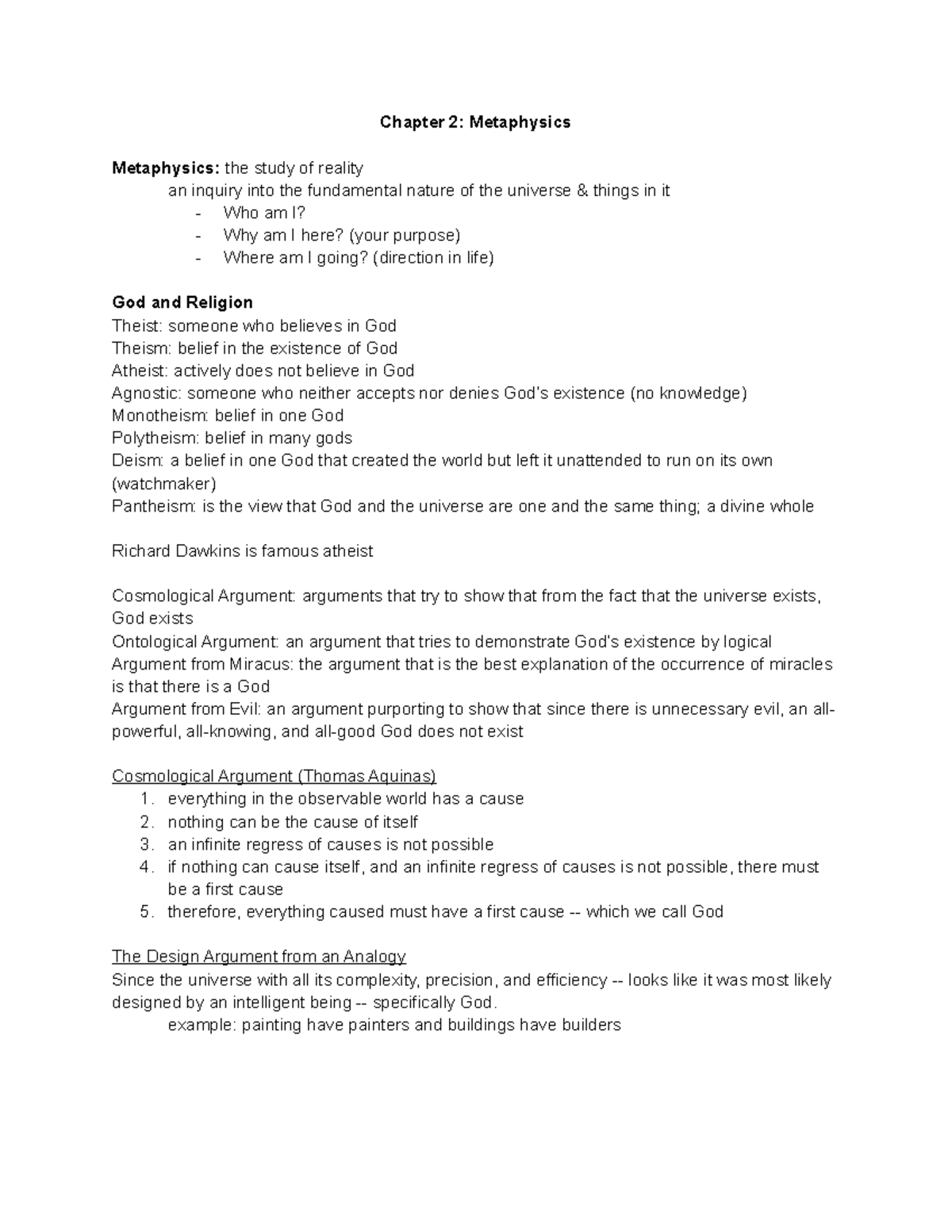 Chapter 2 - Chapter 2: Metaphysics Metaphysics: the study of reality an ...