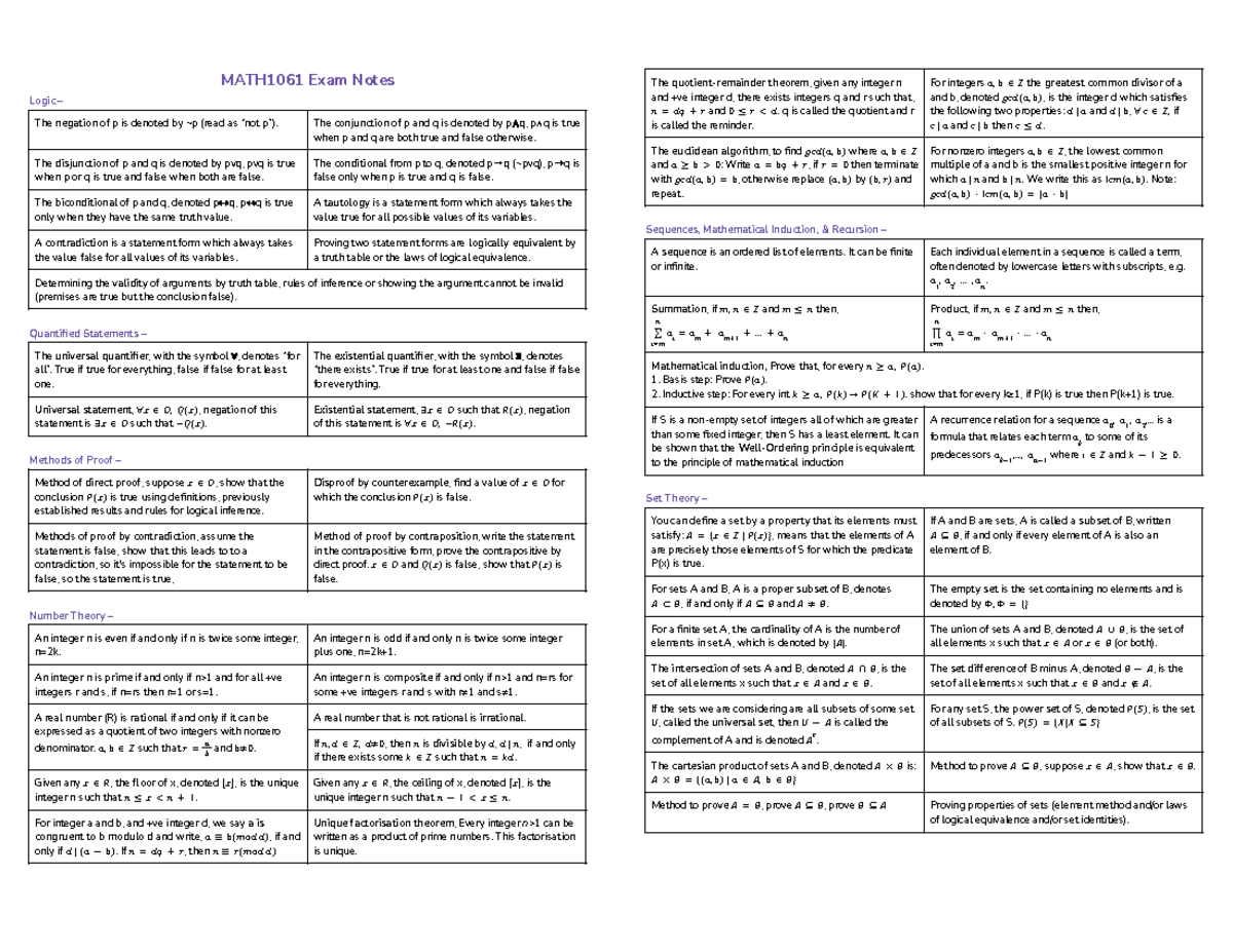 MATH1061 Exam Notes - Summary Discrete Mathematics - MATH1061 Exam ...