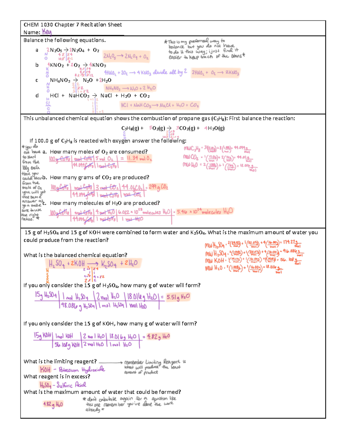 KEY Chp 7 Recitation Sheet - CHEM 1030 Chapter 7 Recitation SheetName