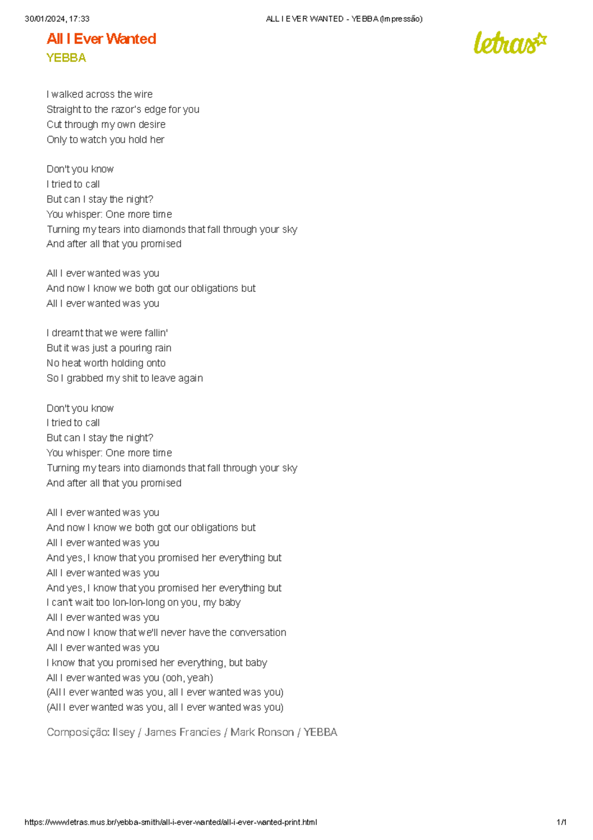 ALL I EVER Wanted - Yebba (Impressão) - 30/01/2024, 17:33 ALL I EVER ...