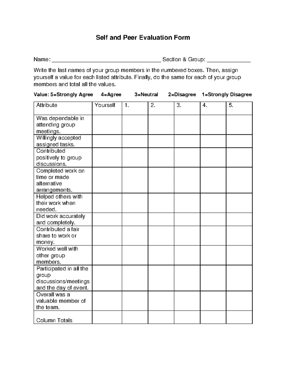 Template for Evaluation form - Self and Peer Evaluation Form Name ...