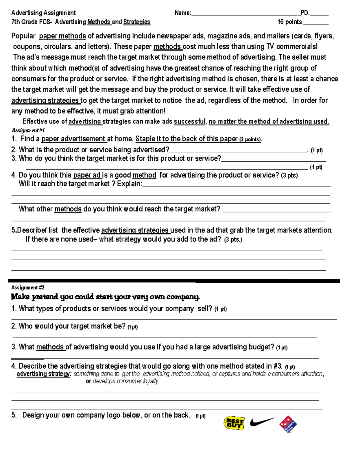 Advertising HW 2019d - Advertising Assignment Name ...