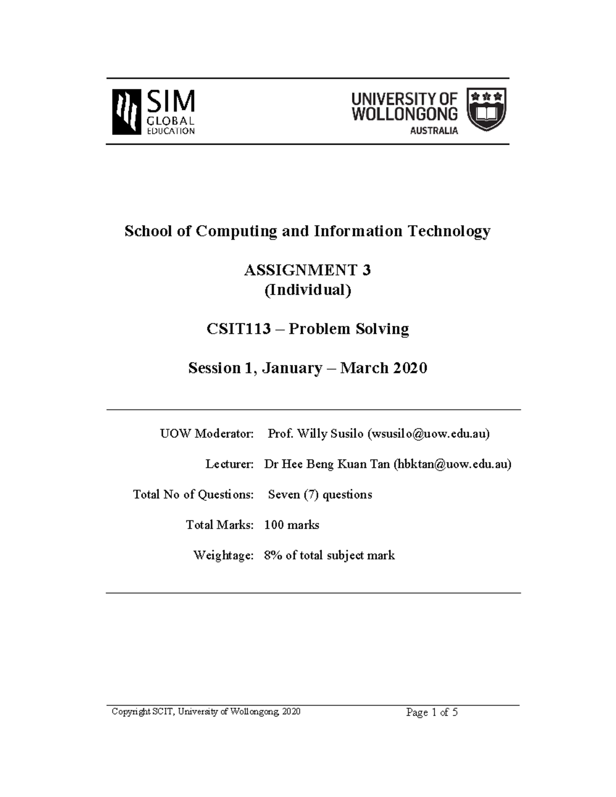 CSIT113-2020S1-A3 Question Reference - CSIT113 - UOW - Studocu