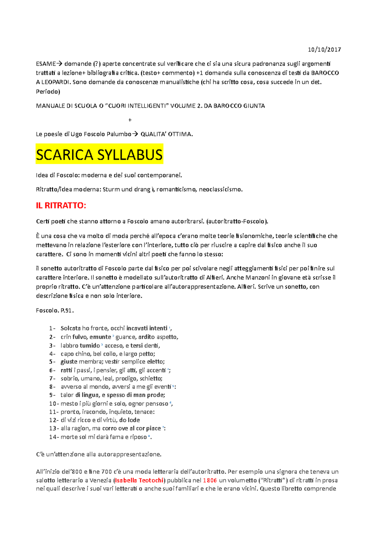 Letteratura italiana I- DI Ricco Alessandra - 10/10/ ESAME domande ...