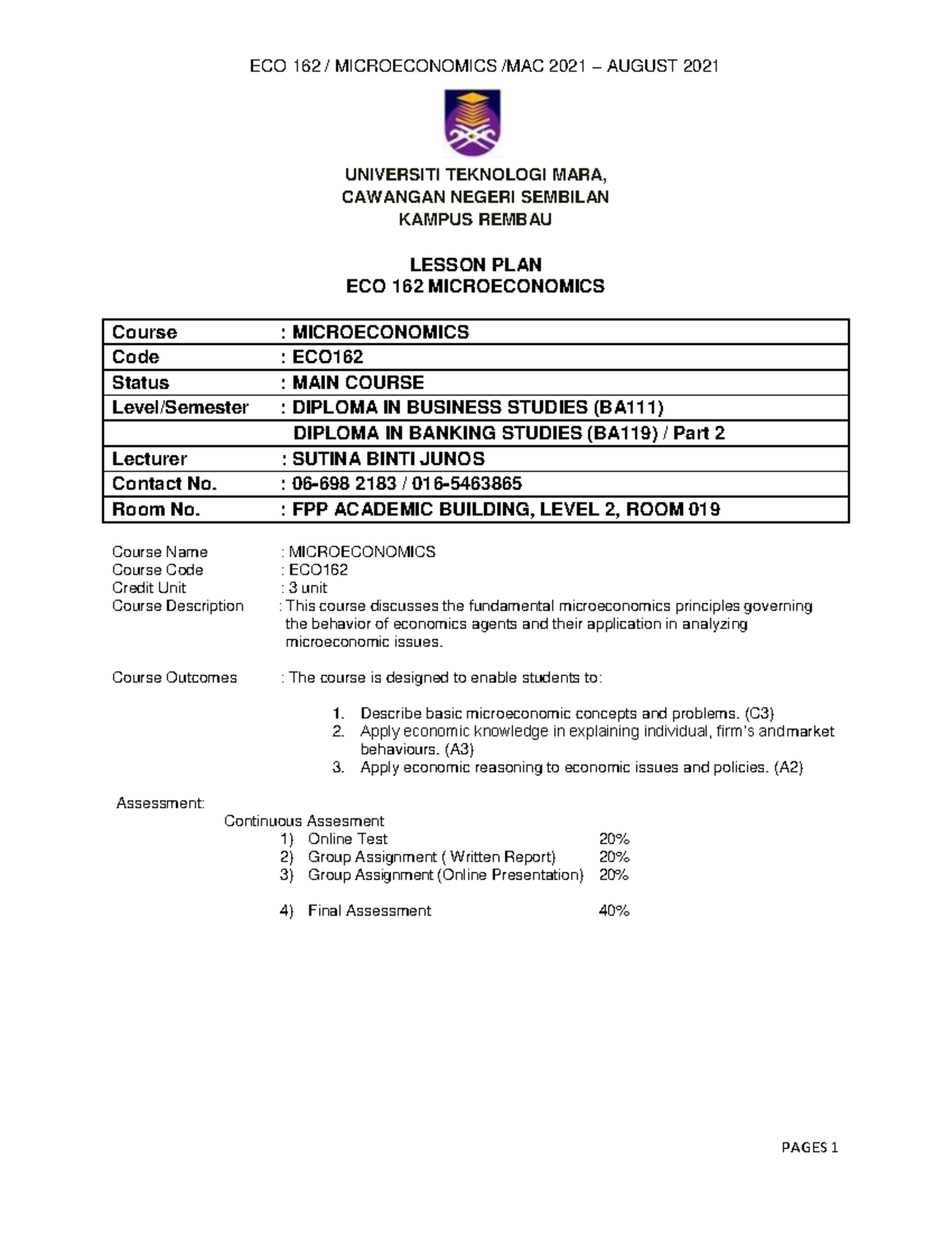 Lesson PLAN ECO162 (MAC - August 2021) - ECO 162 / MICROECONOMICS /MAC ...