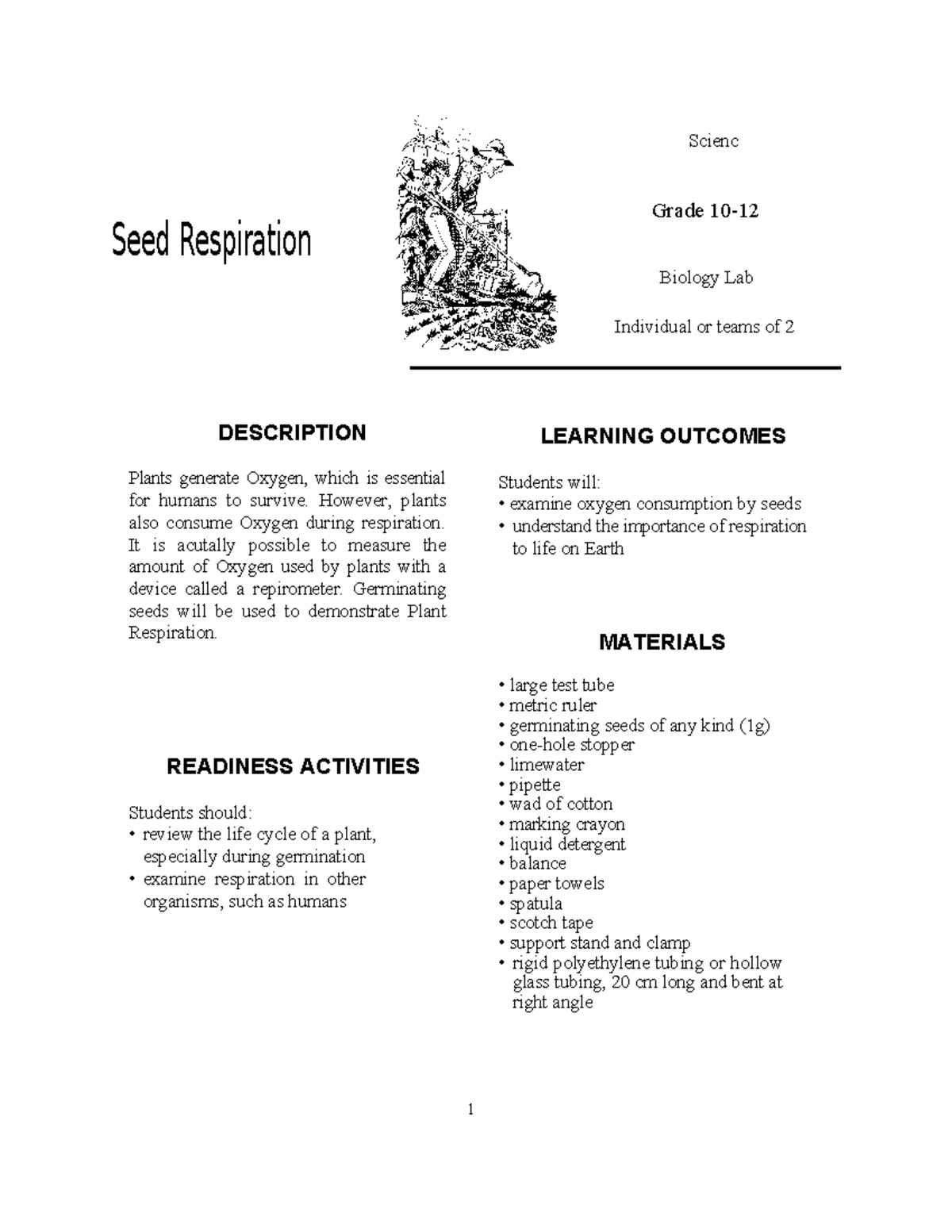 Respiration of germinating seeds - Individual or teams of 2 DESCRIPTION ...