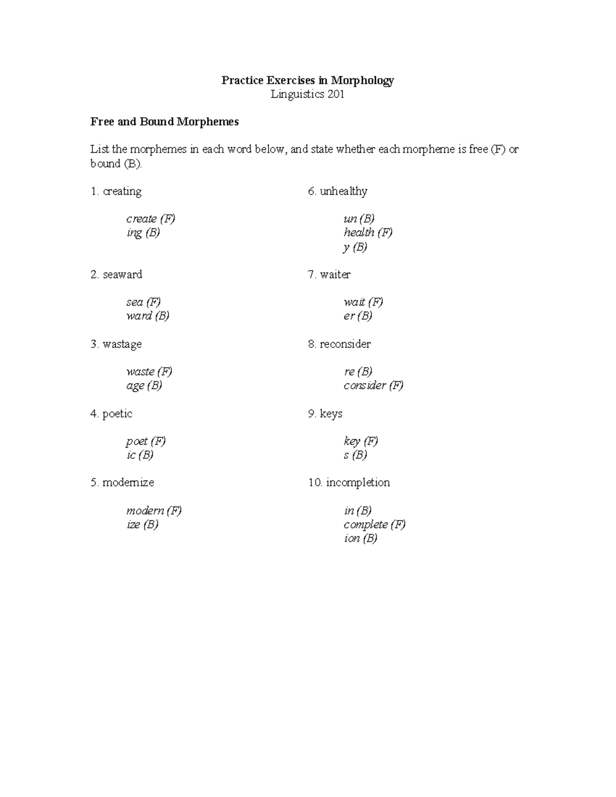 Week 5 - Morphology - In-class Practice (Answer Key) - Practice ...
