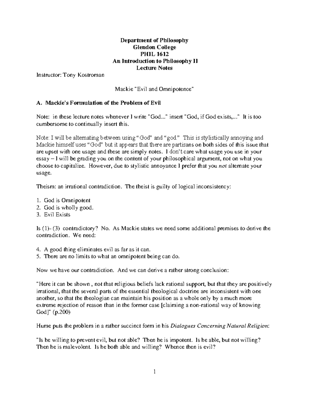 Lecture Notes- Mackie's "Evil and Omnipotence" - slightly amended File ...