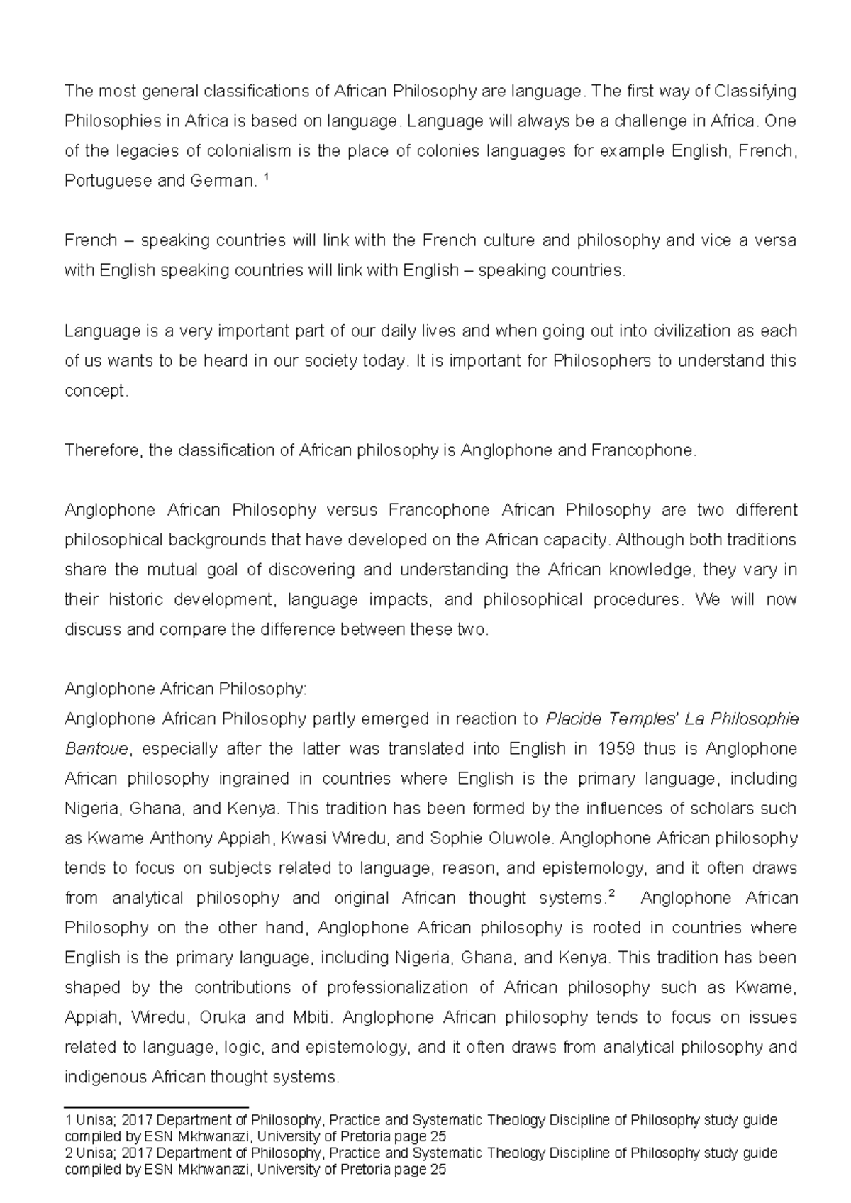 Essay - The most general classifications of African Philosophy are ...