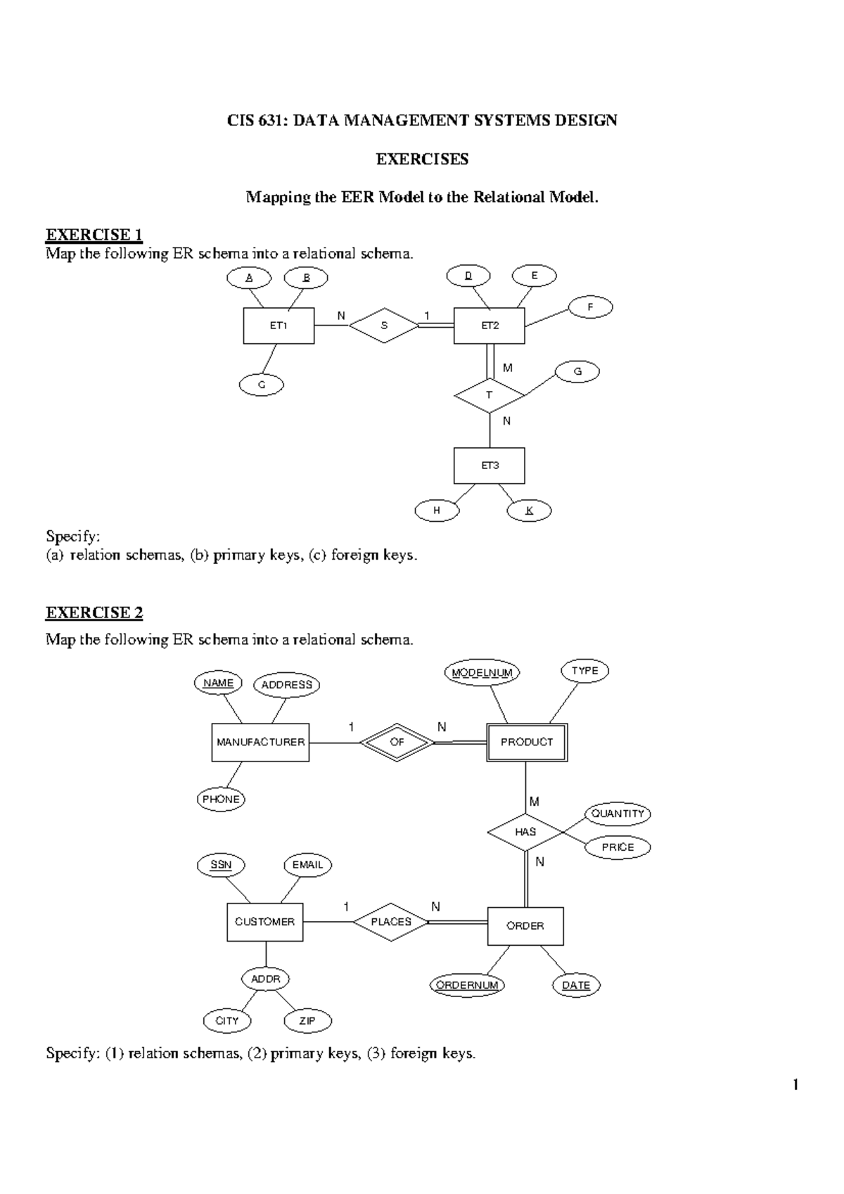 Assignment22 - 1 CIS 631: DATA MANAGEMENT SYSTEMS DESIGN EXERCISES Mapping the EER Model to the ...