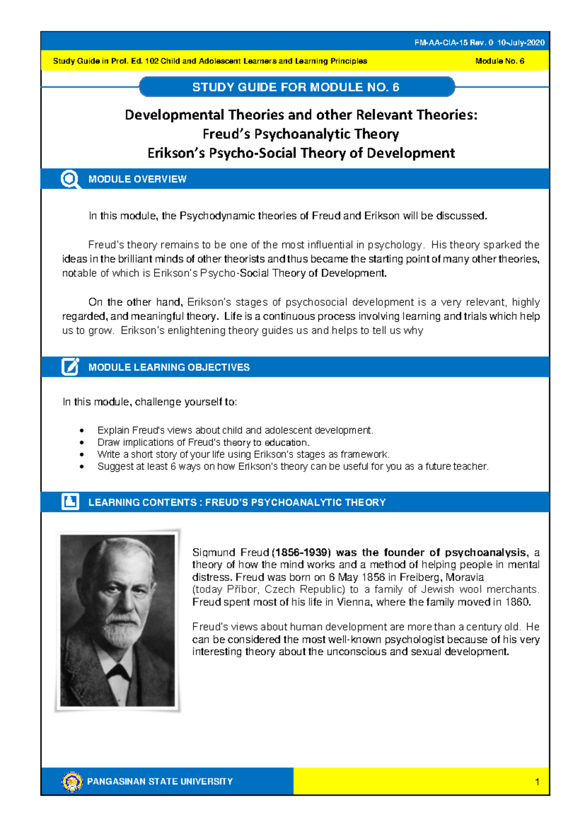 SG 6 Dev Theories Freud and Erikson - PANGASINAN STATE UNIVERSITY Study ...