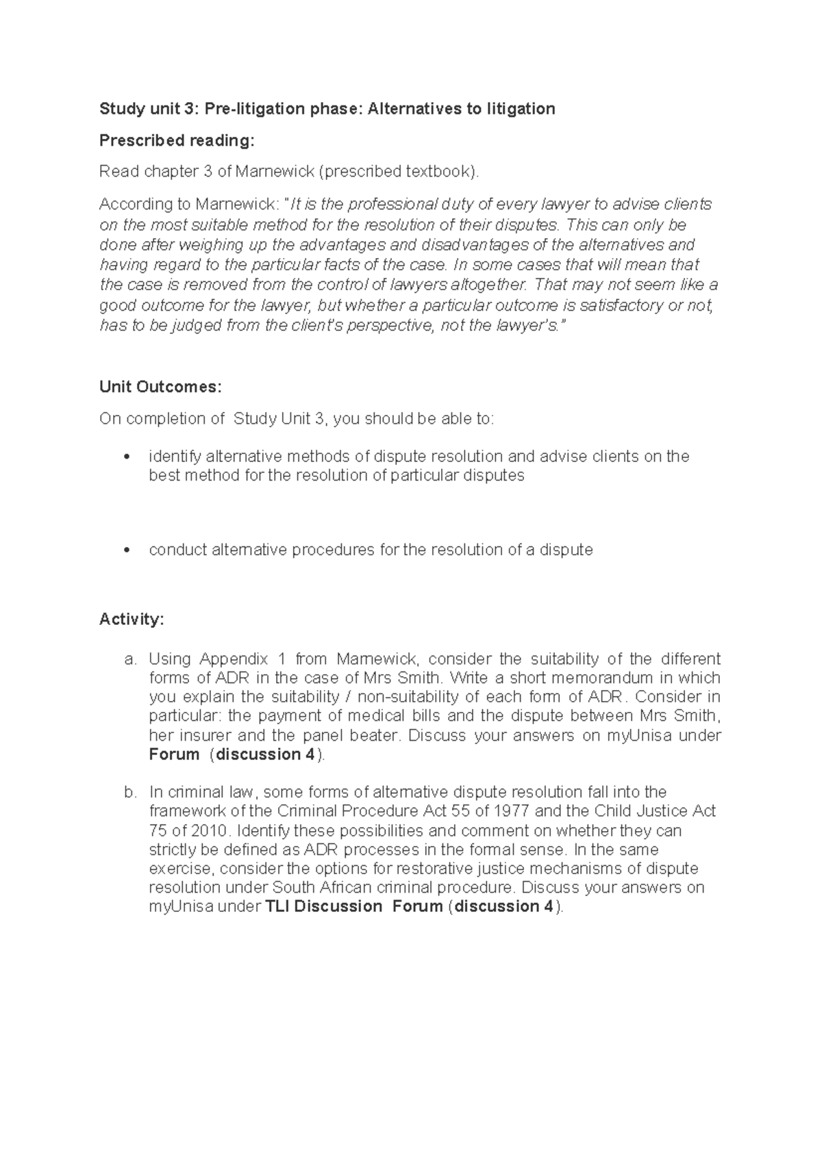 Study unit 8 2 - Study unit 3: Pre-litigation phase: Alternatives to ...