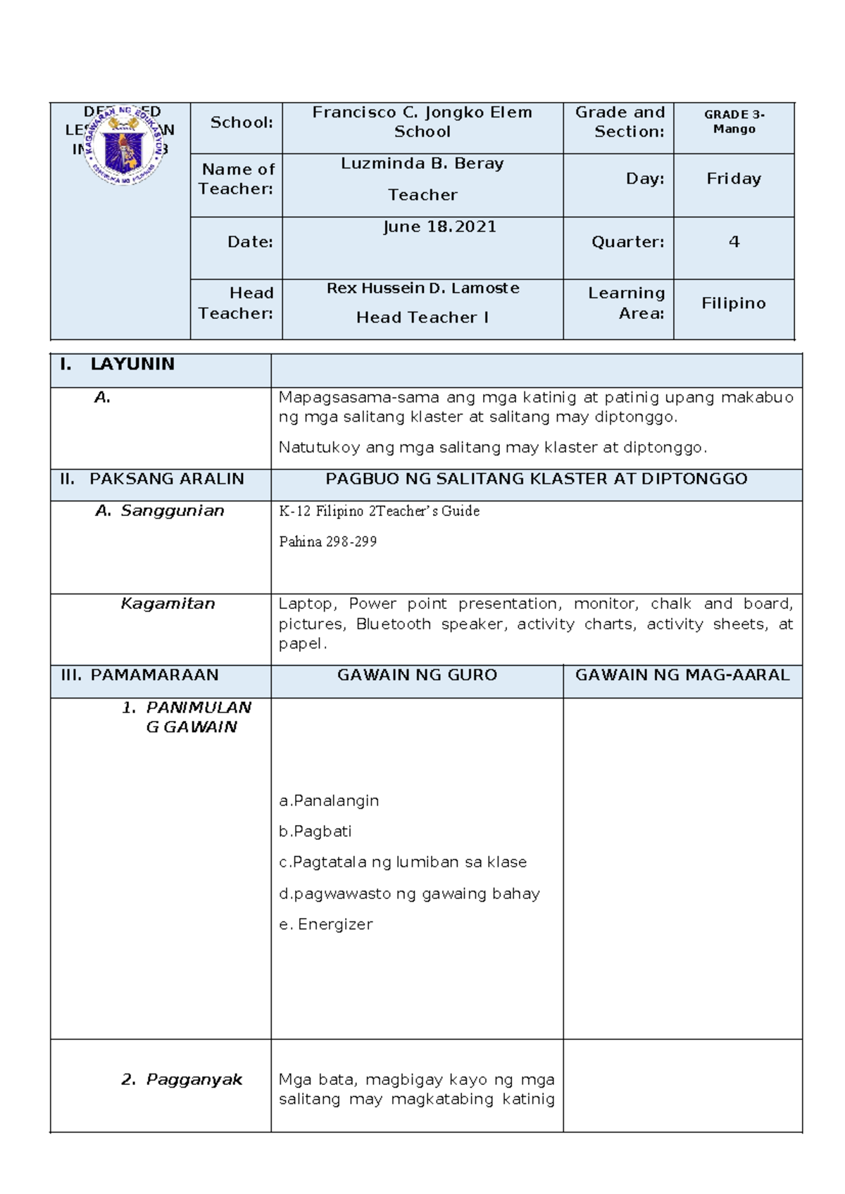 Filipino 3 lesson plan - DETAILED LESSON PLAN IN Filipino 3 School ...