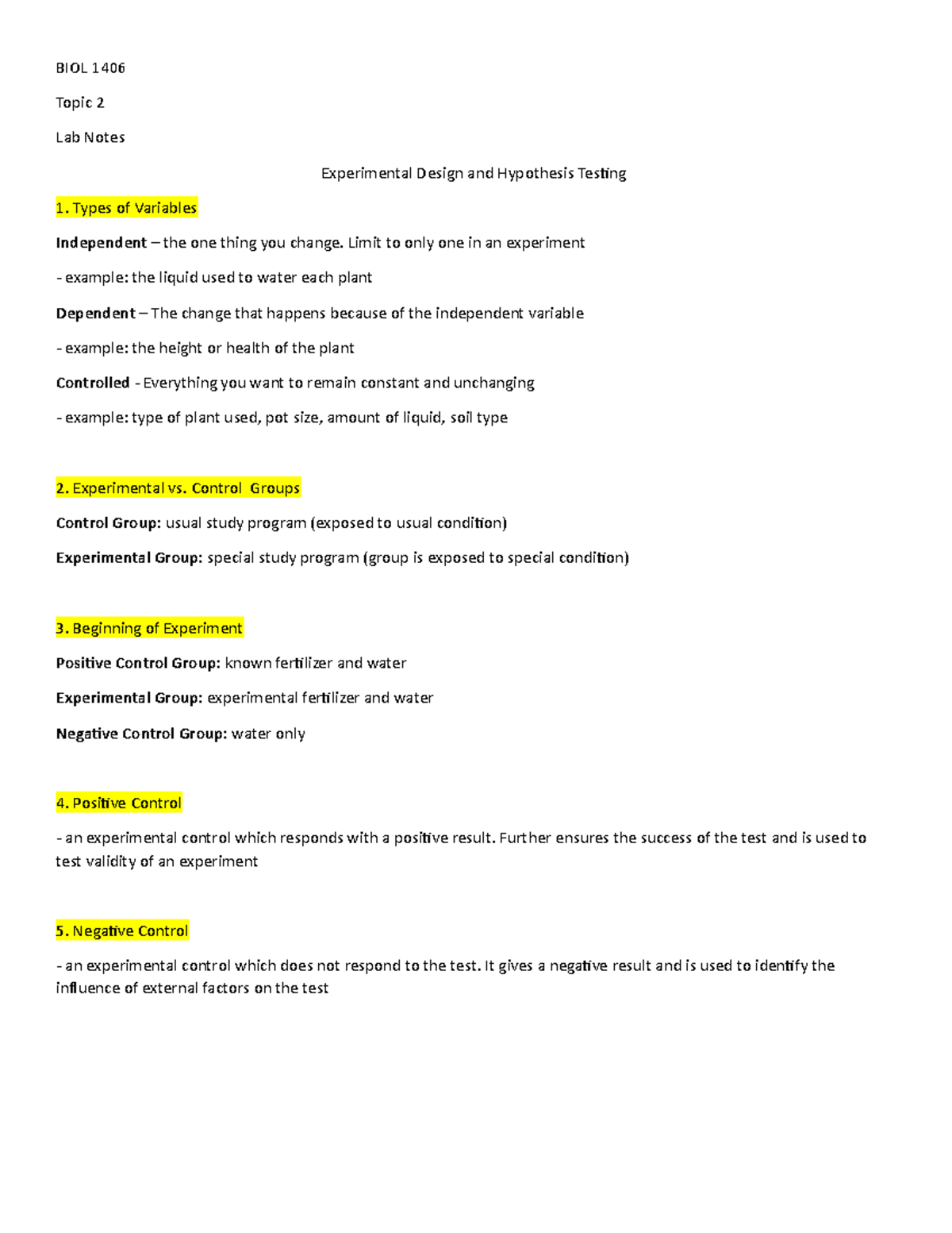 Topic 2 Lab Notes - Lab Exam 1 - BIOL 1406 Topic 2 Lab Notes ...