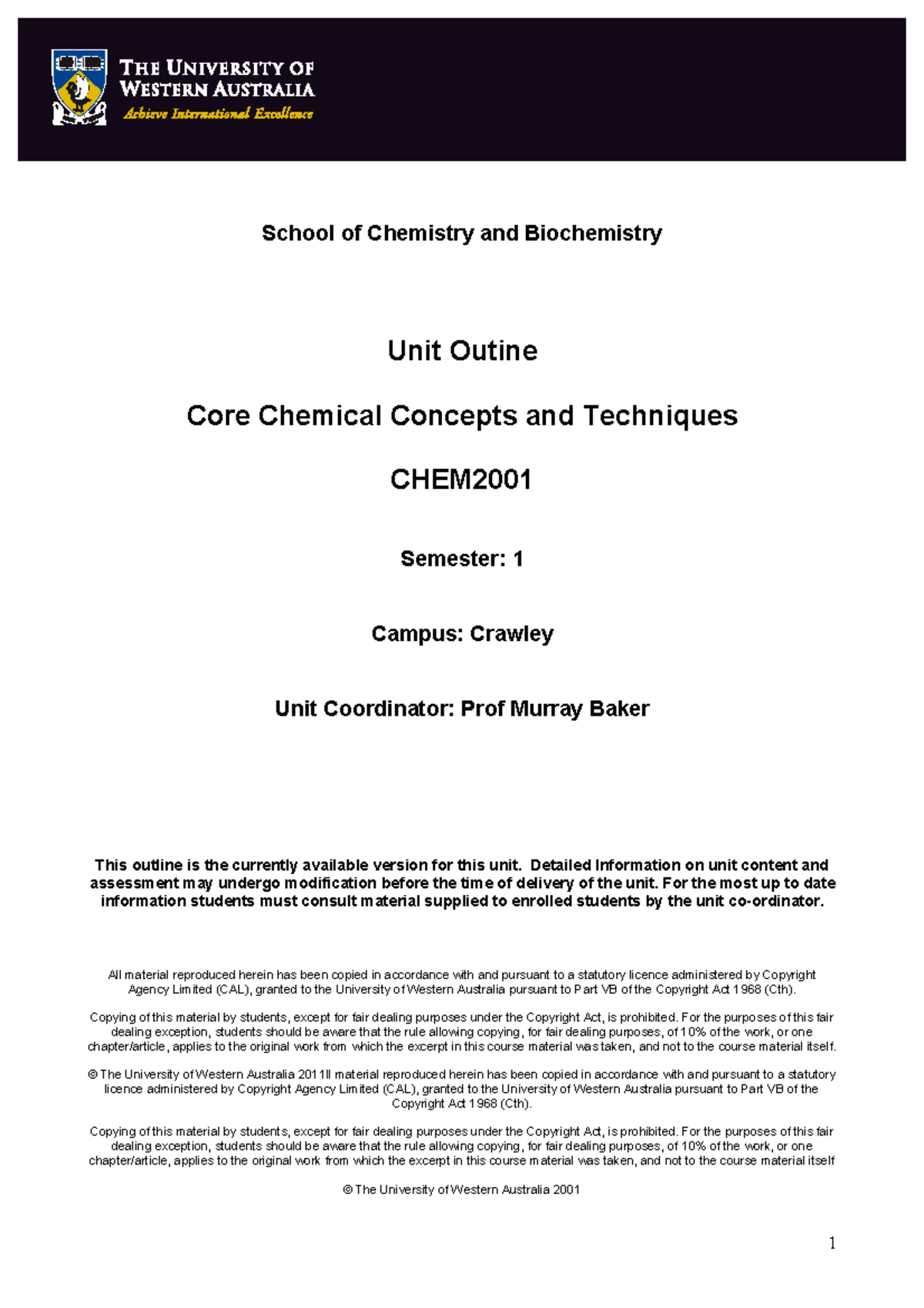Unit outline - School of Chemistry and Biochemistry Unit Outine Core ...