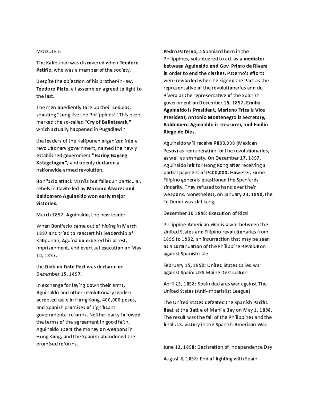 Readings in Philippine History - MODULE 6 The Katipunan was discovered ...