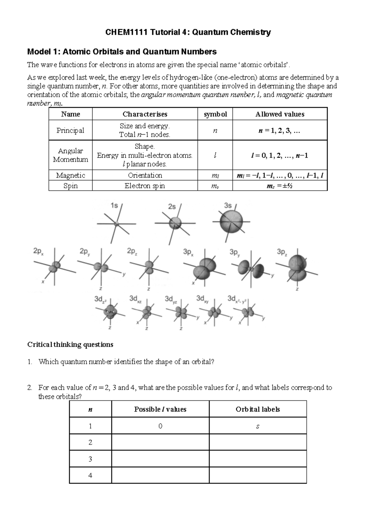Chem1111Tutorial 04-1 - CHEM1111 Tutorial 4: Quantum Chemistry Model 1 ...