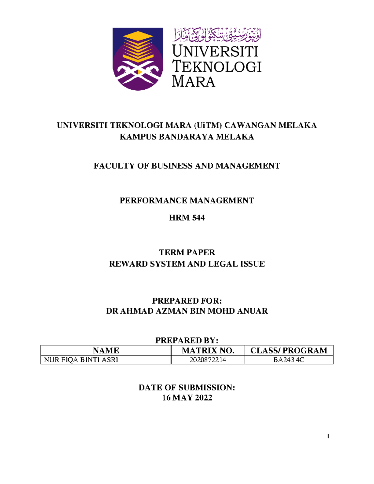 TERM Paper HRM544 - UNIVERSITI TEKNOLOGI MARA (UiTM) CAWANGAN MELAKA ...