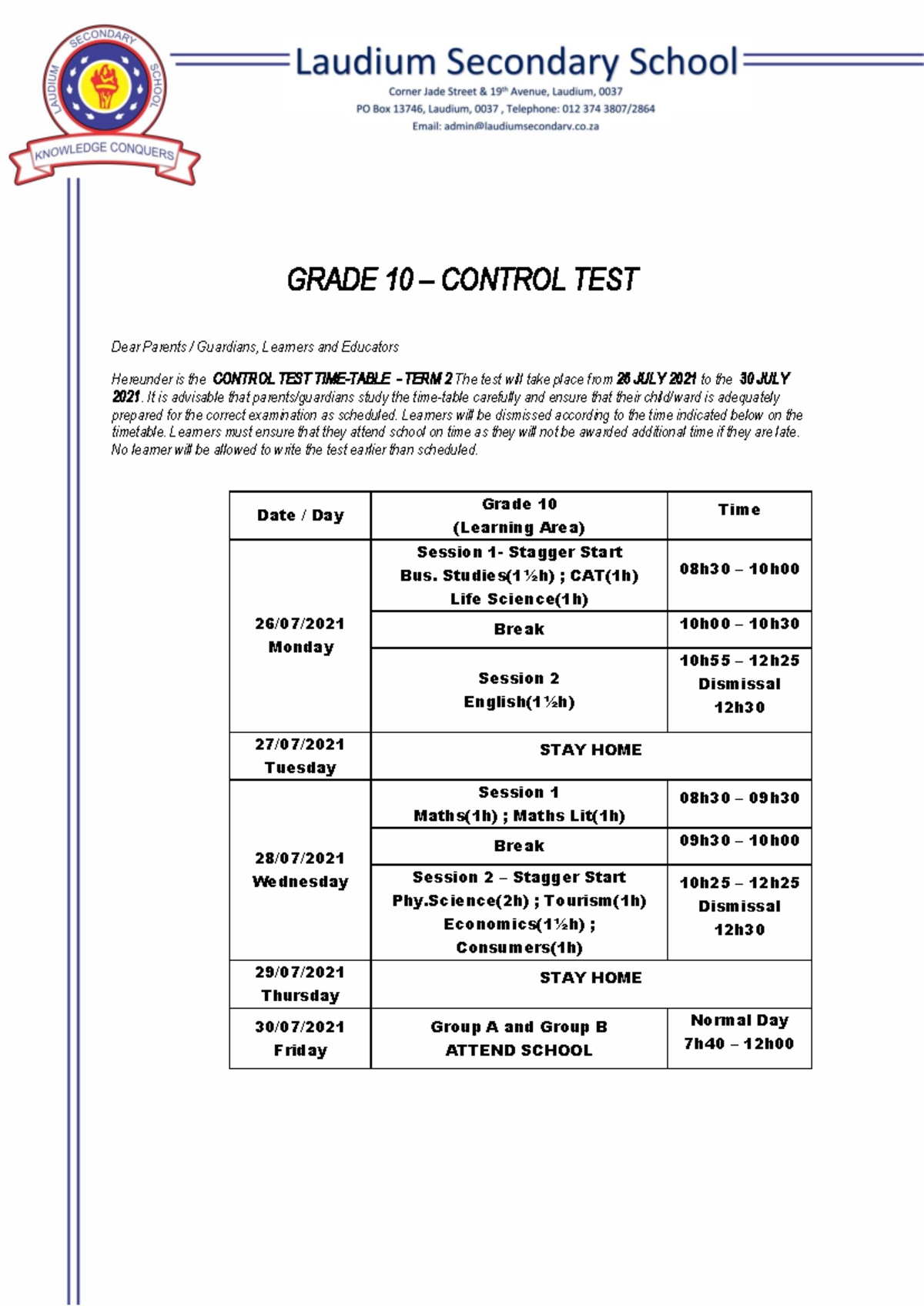 Grade 10 - TERM 2 Outstanding Control TEST TIME Table - GRADE 10 ...