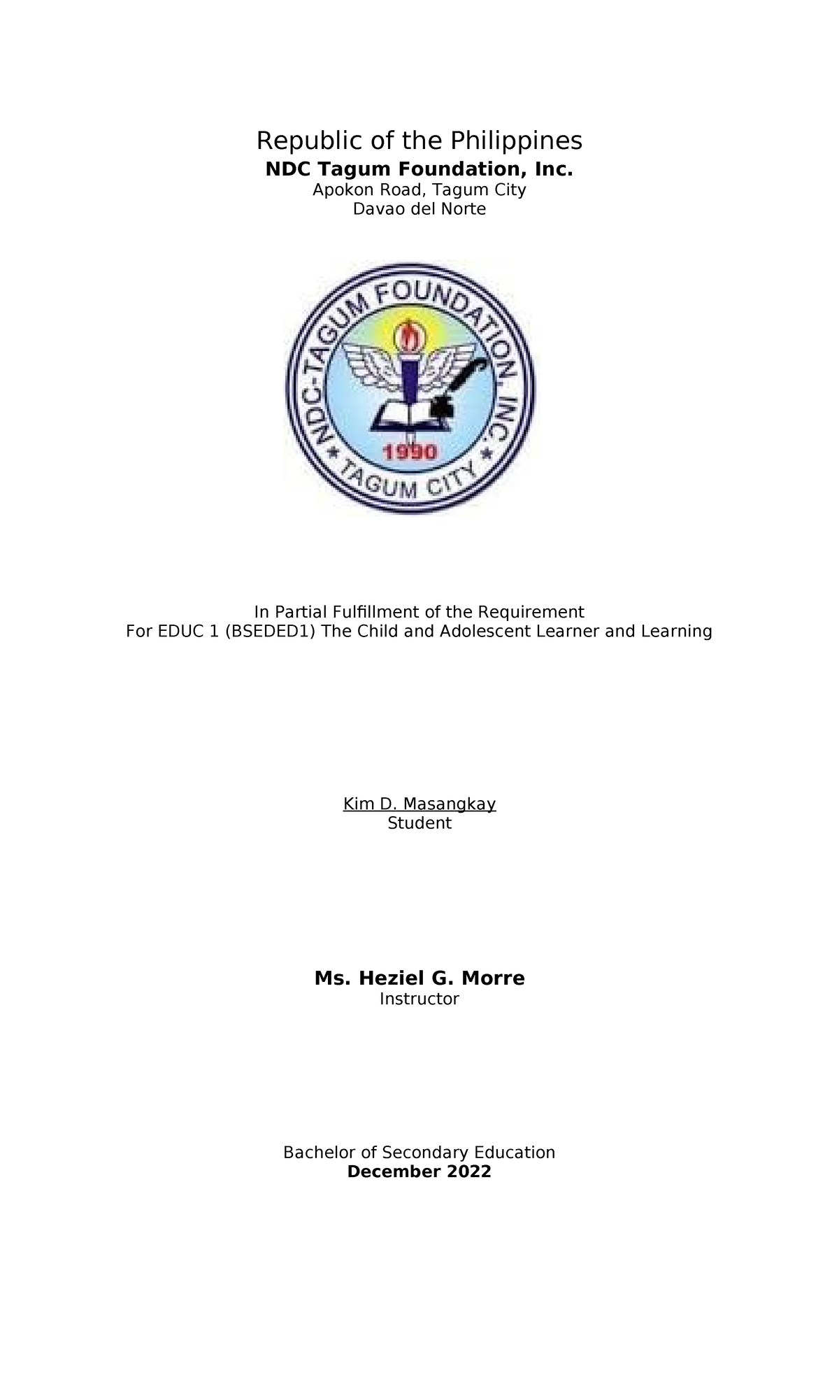 AMBOT UNSAY SULOD ANI - Republic of the Philippines NDC Tagum ...