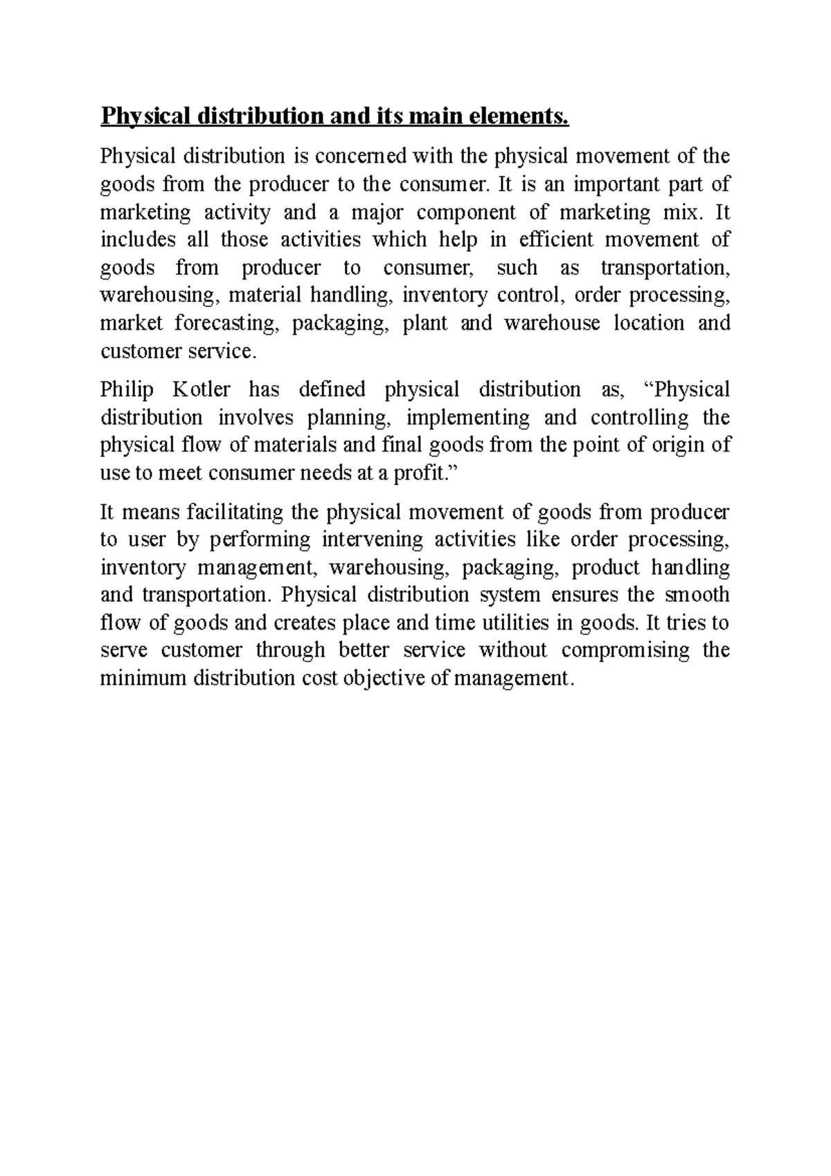Physical distribution and its main elements - Physical distribution is ...