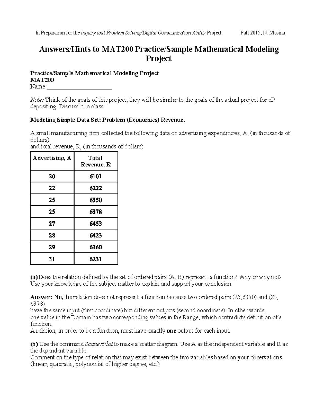 Mathematical Modeling Using Maple Instructor Resource - In Preparation ...