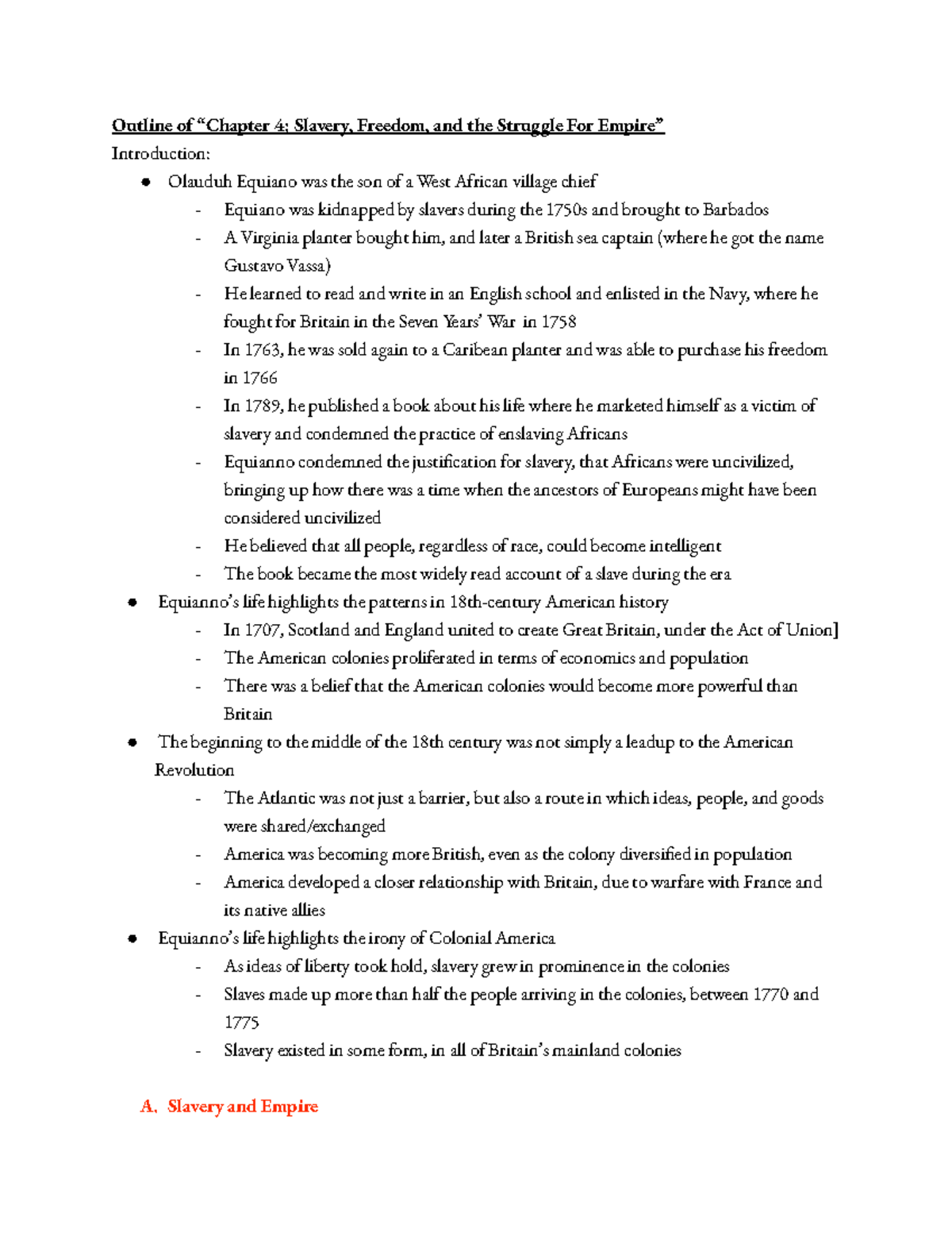 Chapter 4 Outline - Outline of “Chapter 4: Slavery, Freedom, and the ...