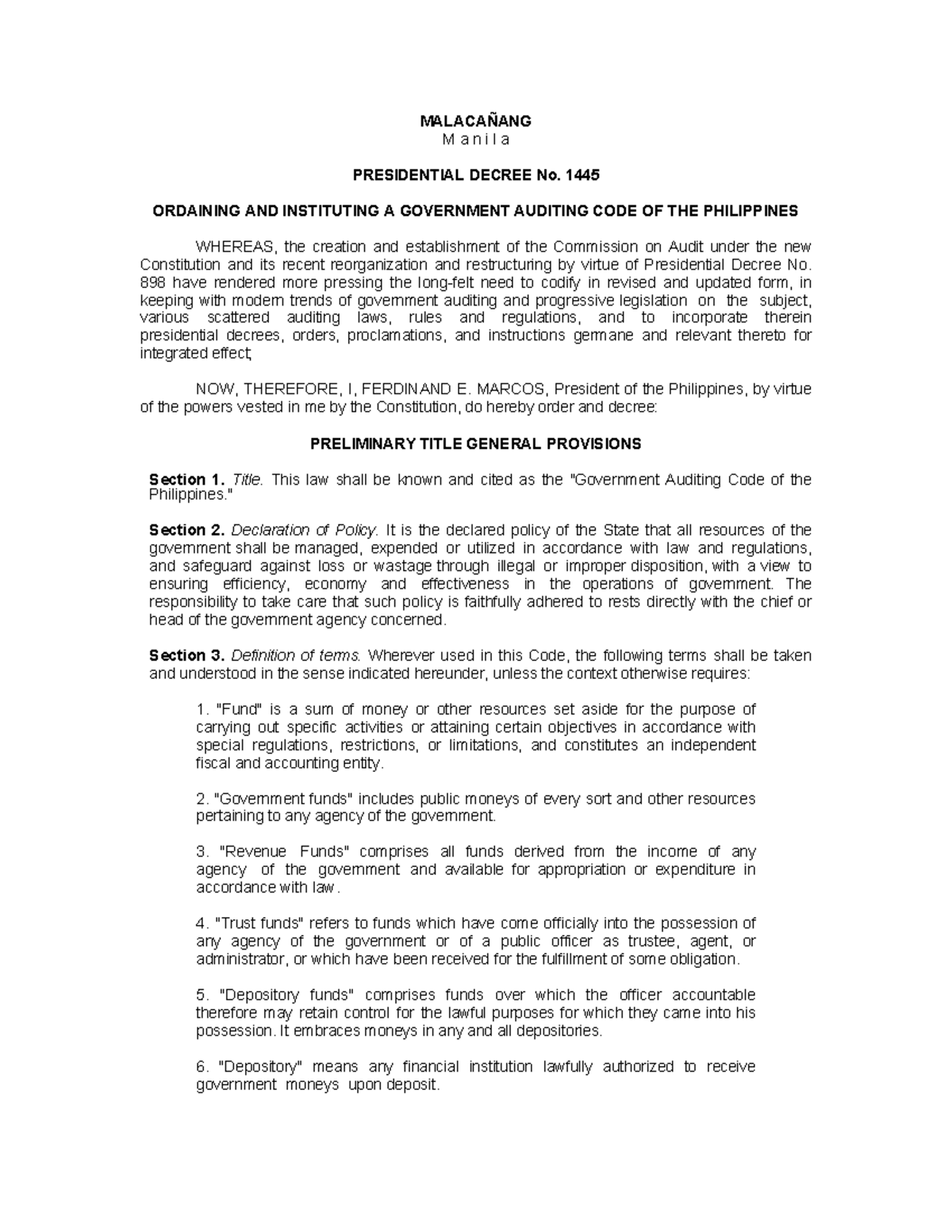 PD 1445 - Hey - MALACAÑANG M a n i l a PRESIDENTIAL DECREE No. 1445 ...