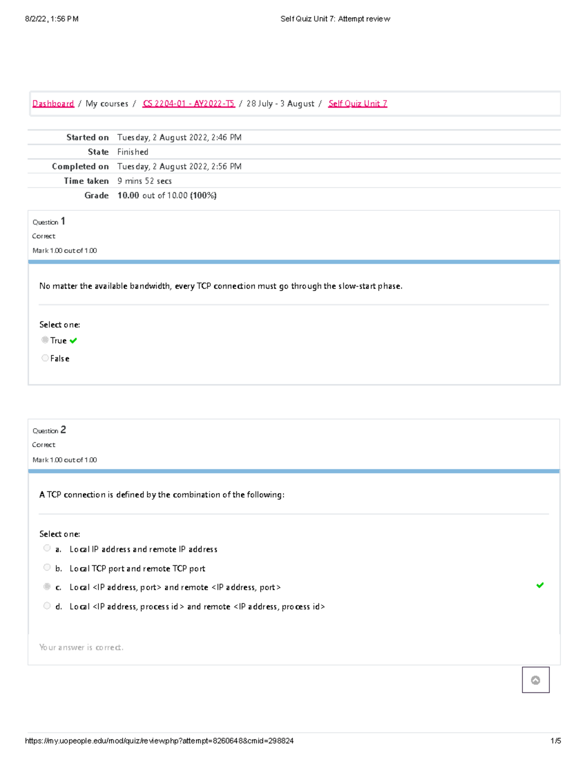 Self Quiz Unit 7 Attempt review - Started on Tuesday, 2 August 2022, 2: ...