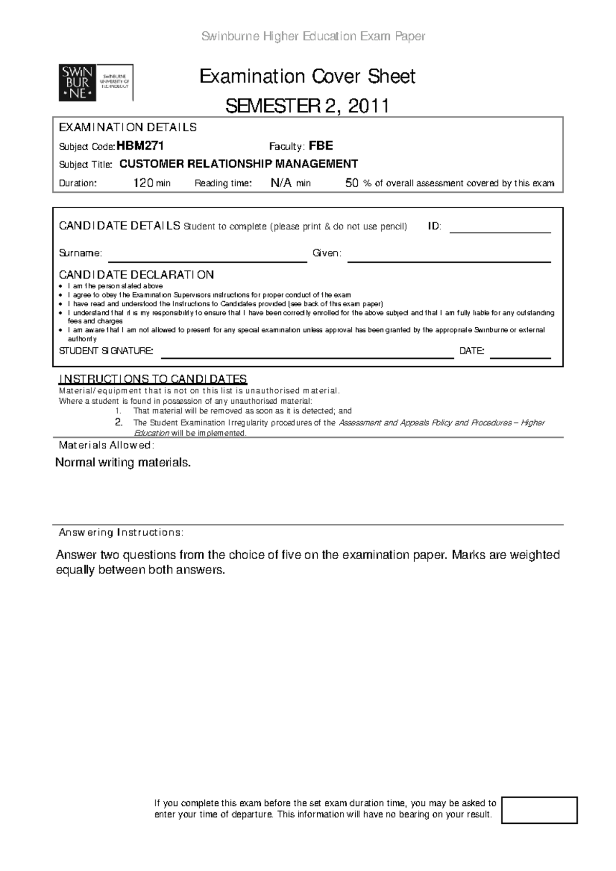 Swinburne Higher Education Exam Paper Examination Cover Sheet - Studocu