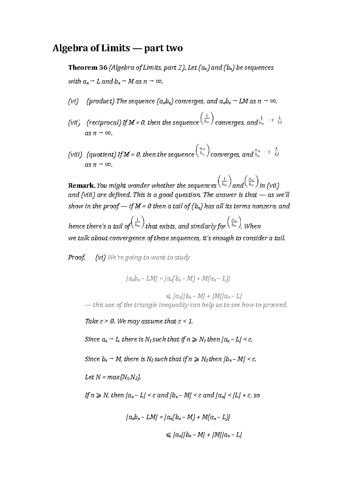 Analysis 21 - Algebra of Limits — part two - Algebra of Limits — part ...