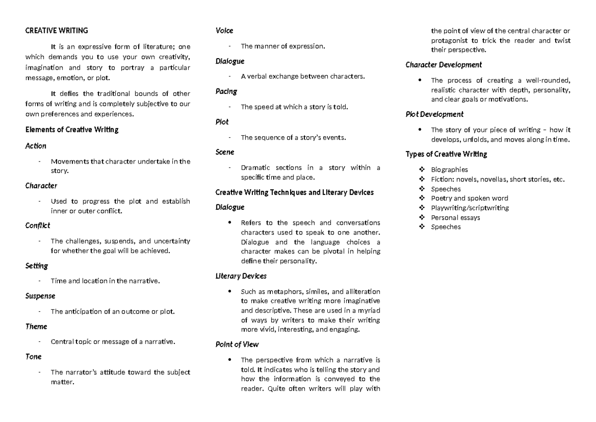 Creative Writing Reviewer - CREATIVE WRITING It is an expressive form ...