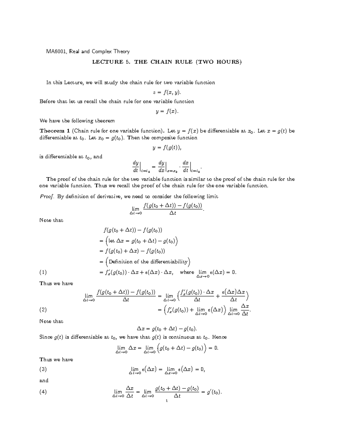 Lecture Notes 5 Real And Complex Function Theory Ma6001 Real And Complex Theory Lecture 5
