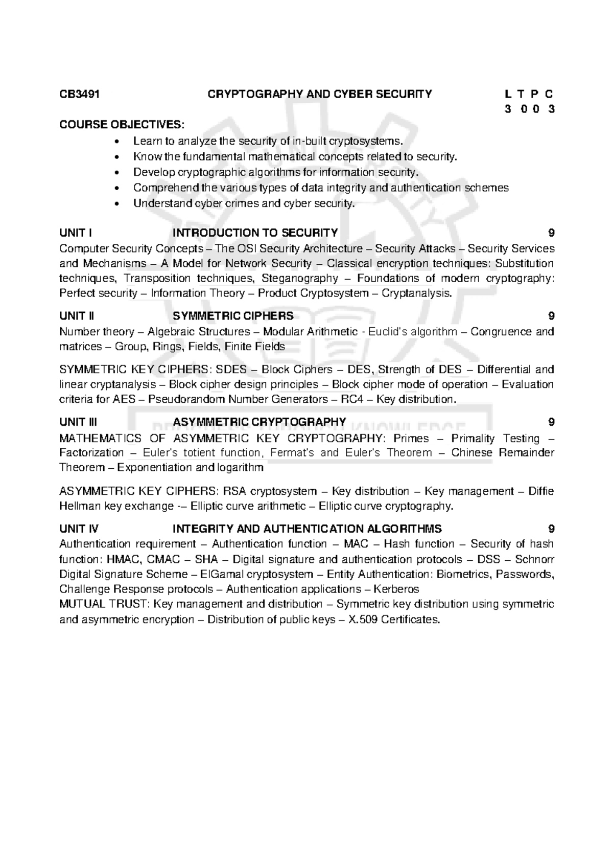 CCS- Syllabus - CB3491 CRYPTOGRAPHY AND CYBER SECURITY L T P C 3 0 0 3 COURSE OBJECTIVES: Learn ...