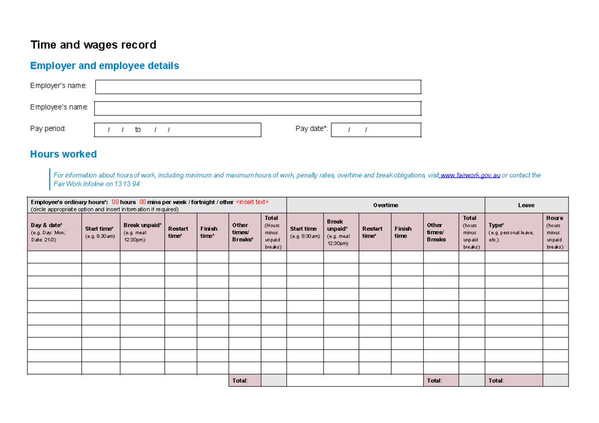 Weekly time and wages record template - Time and wages record Employer ...