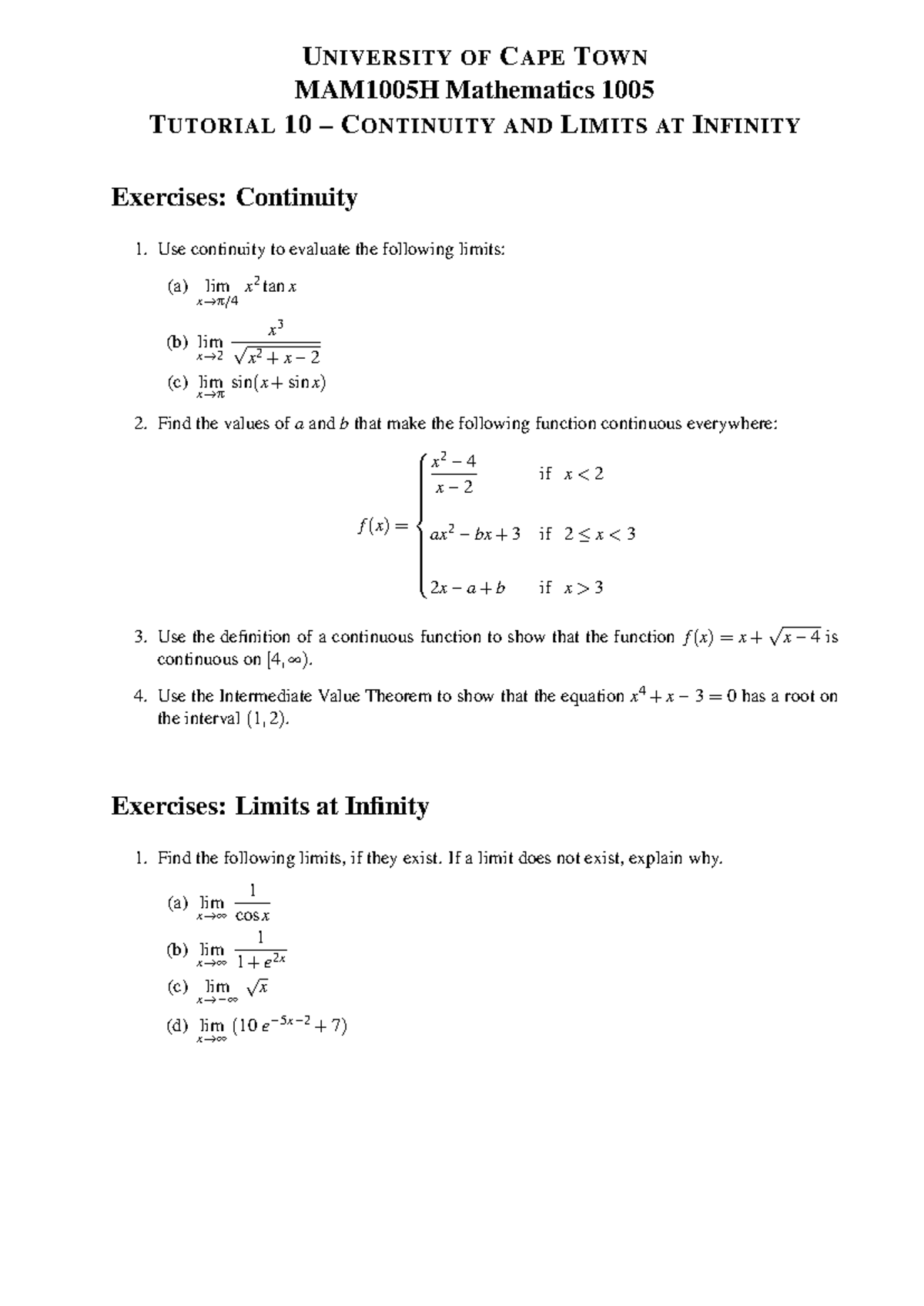MAM1005H Tutorial 10 - UNIVERSITY OF CAPE TOWN MAM1005H Mathematics 1005 TUTORIAL 10 ...