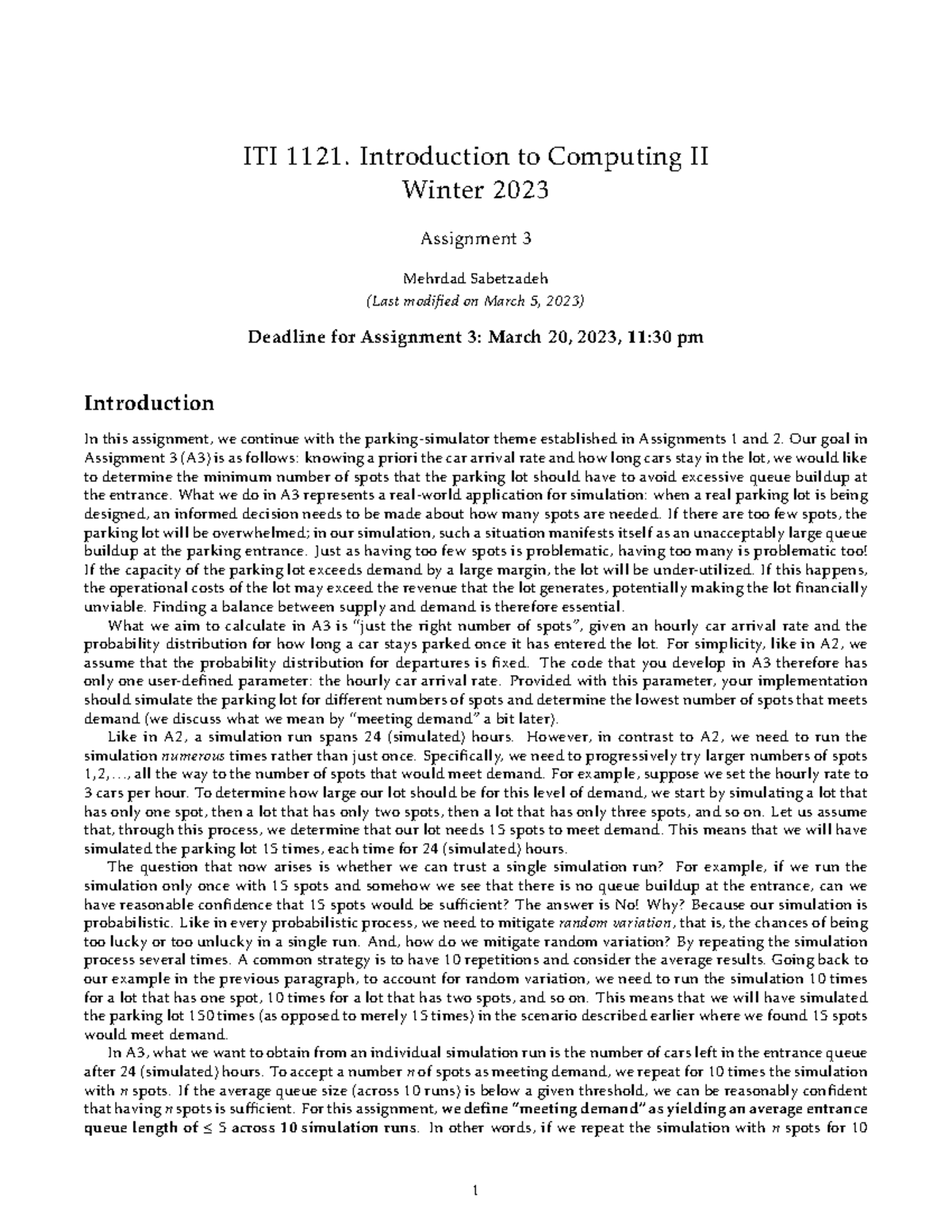 A3Description - notes - ITI 1121. Introduction to Computing II Winter ...