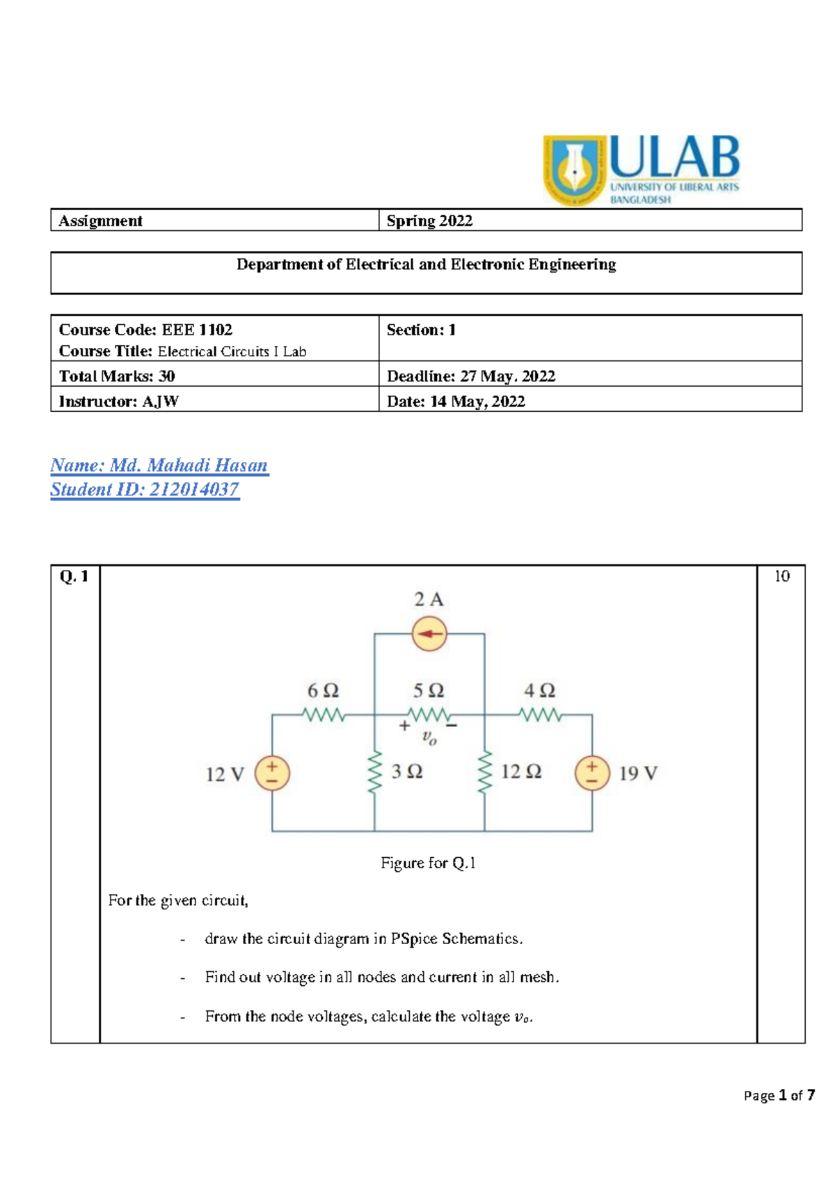 EEE lab Assignment - Assignment Spring 2022 Department of Electrical ...