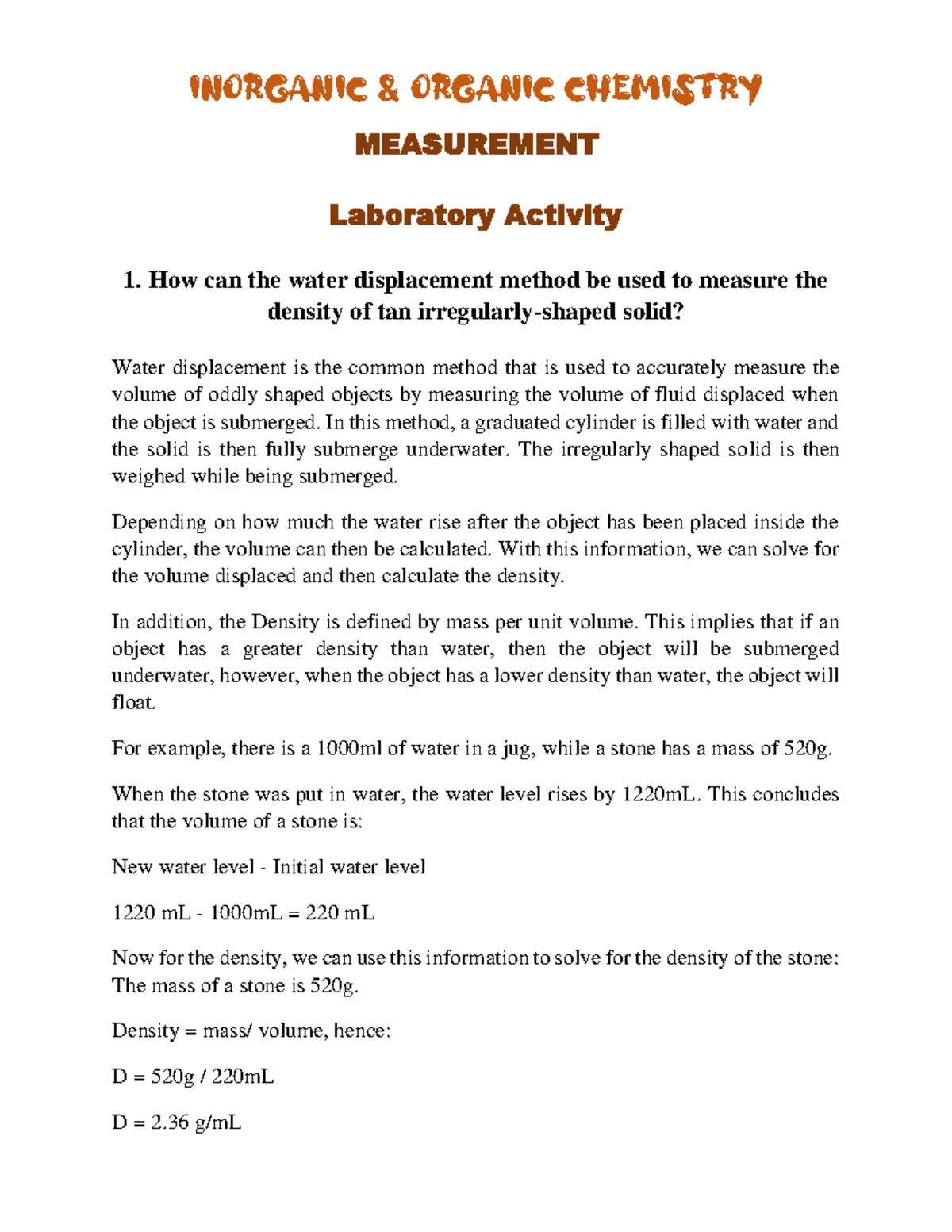 Inorganic & Organic Chemistry - Measurement (Laboratory Activity ...